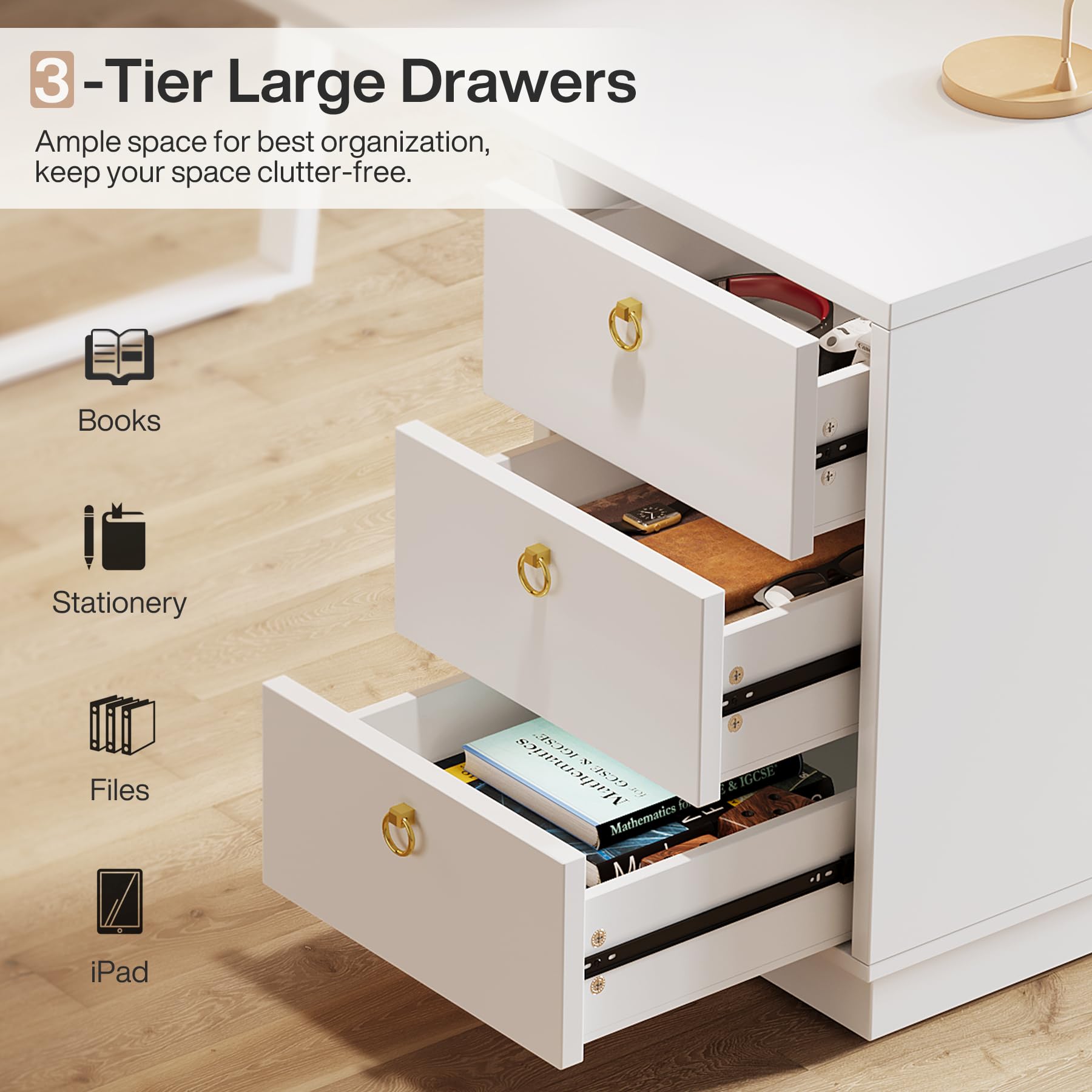Tribesigns White Computer Desk with Drawers: 55 Inches Modern Home Office Desk with Storage, Small Wood Study Writing Work Table Workstation for Bedroom, White and Gold