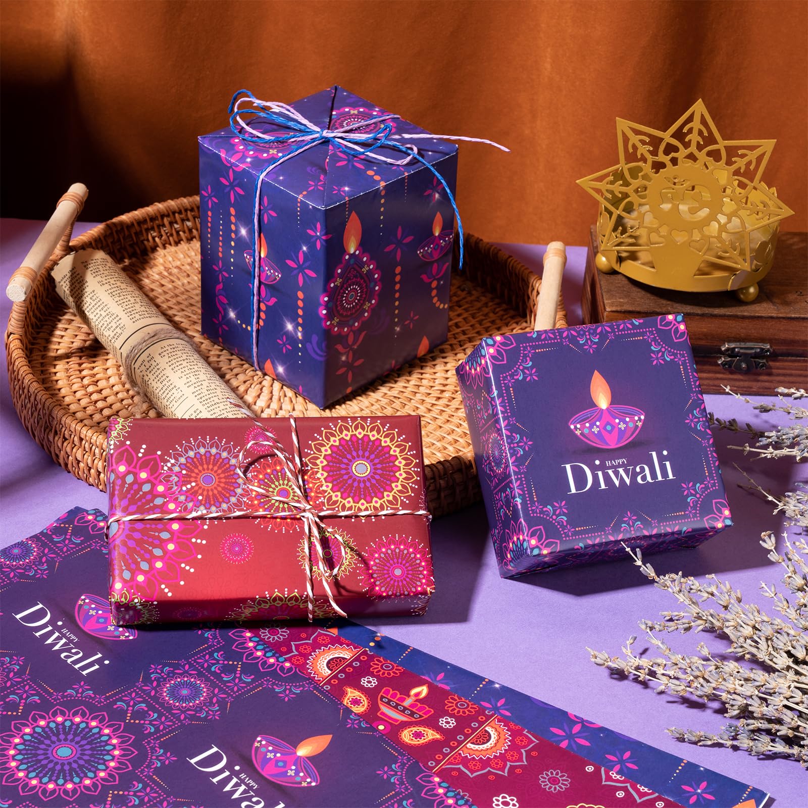 RUSPEPA Wrapping Paper Sheet - Oil Lamp Pattern Great for Diwali, Holiday and Party - 12 Folded Sheets - 19.68 X 27.5 Inch per sheet