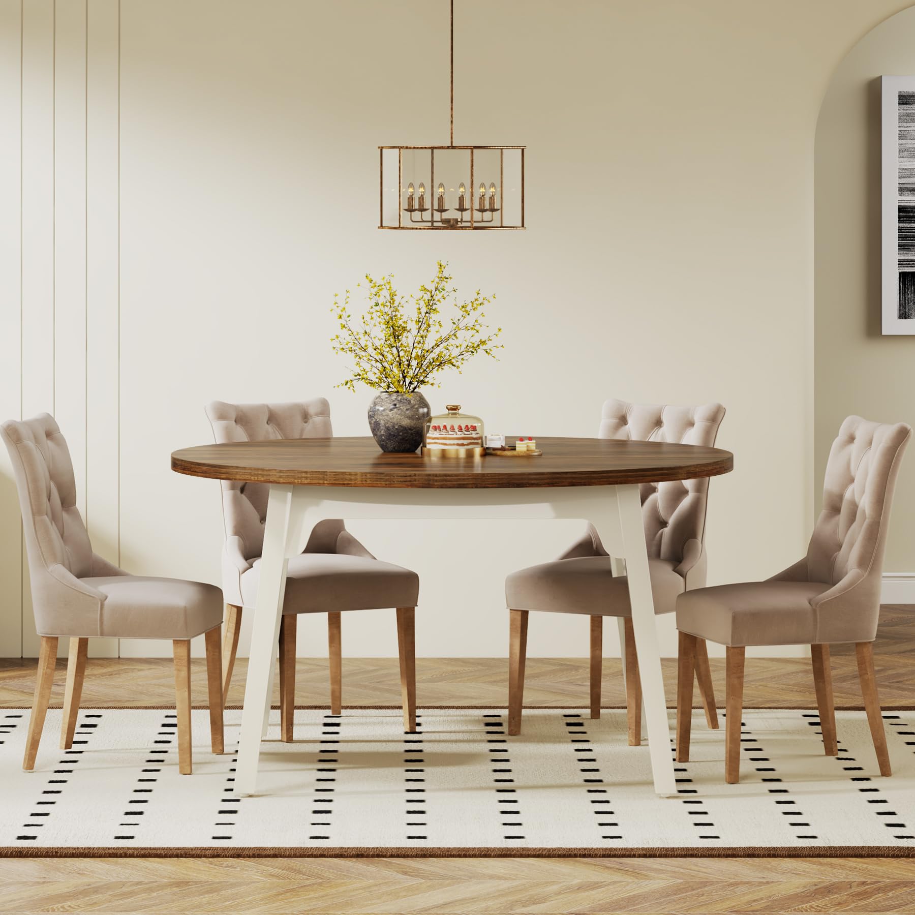 Tribesigns Round Dining Table for 4-6 People, 47-Inch Farmhouse Dinning Room Table Circle Kitchen Table, Industrial Dinner Table with Solid Wood Legs for Kitchen, Living Room, White and Brown