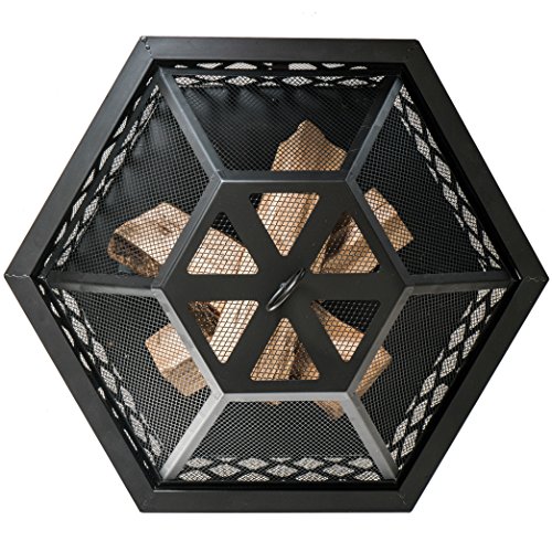 PRISP Outdoor Fire Pit for Garden and Patio, Large Hexagonal Fire Bowl, Includes Spark Guard, Poker and Protective Cover, Black and Bronze, 61 cm Width, 65 cm High - Foyer Extrieur