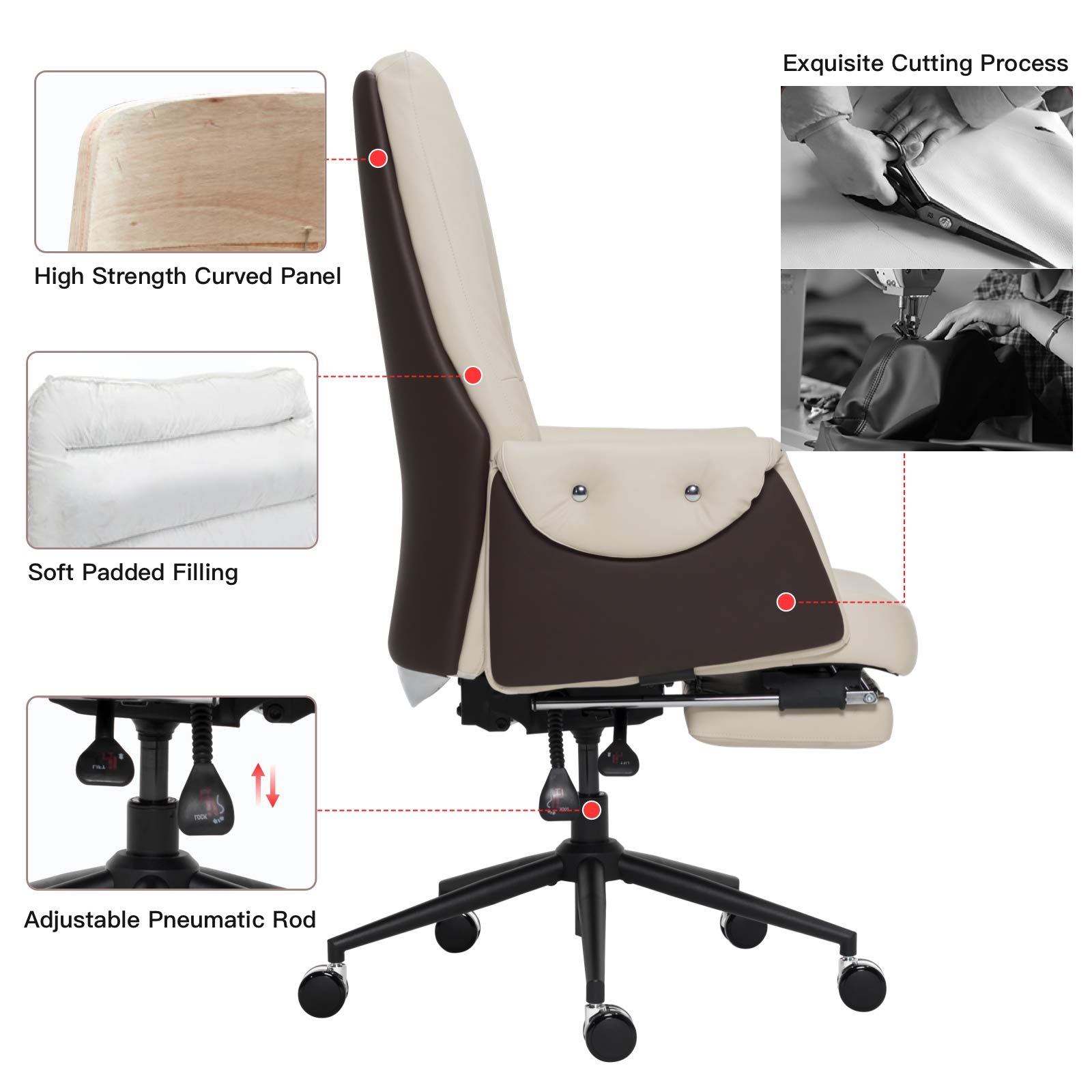 Leather Executive Chair Adjustable Reclining Swivel Office Desk Chair with Hidden Footrest Padded Armrest 350lbs Load-Bearing Strong Iron Frame Ergonomic High Back Master Computer Desk Chair – Beige