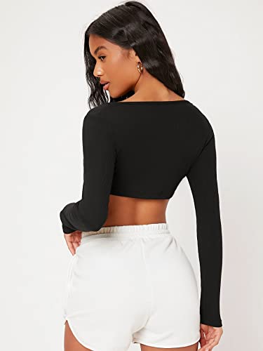 SOLY HUX Long Sleeve Crop Tops for Women Sexy Scoop Neck Rib Knitted Workout Basic Tees Slim Fitted Cropped T Shirts Solid Black M
