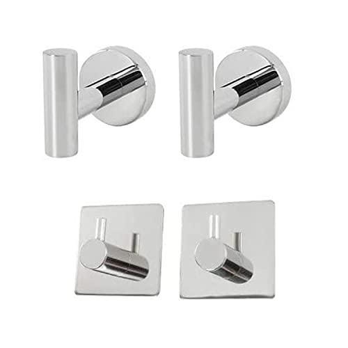 TocTen 4 Pack Bath Towel Hook Set, SUS 304Stainless Steel Robe Hook, Heavy Duty Bathroom Hook Include 2 Wall Mounted Coat Hooks 2 Adhesive Hooks Suitable for Kitchen Office Bathroom