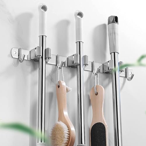Wall Mounted Mop Rack (2 Racks and 3 Hooks) Stainless Steel Mop Rack Receive 2ML