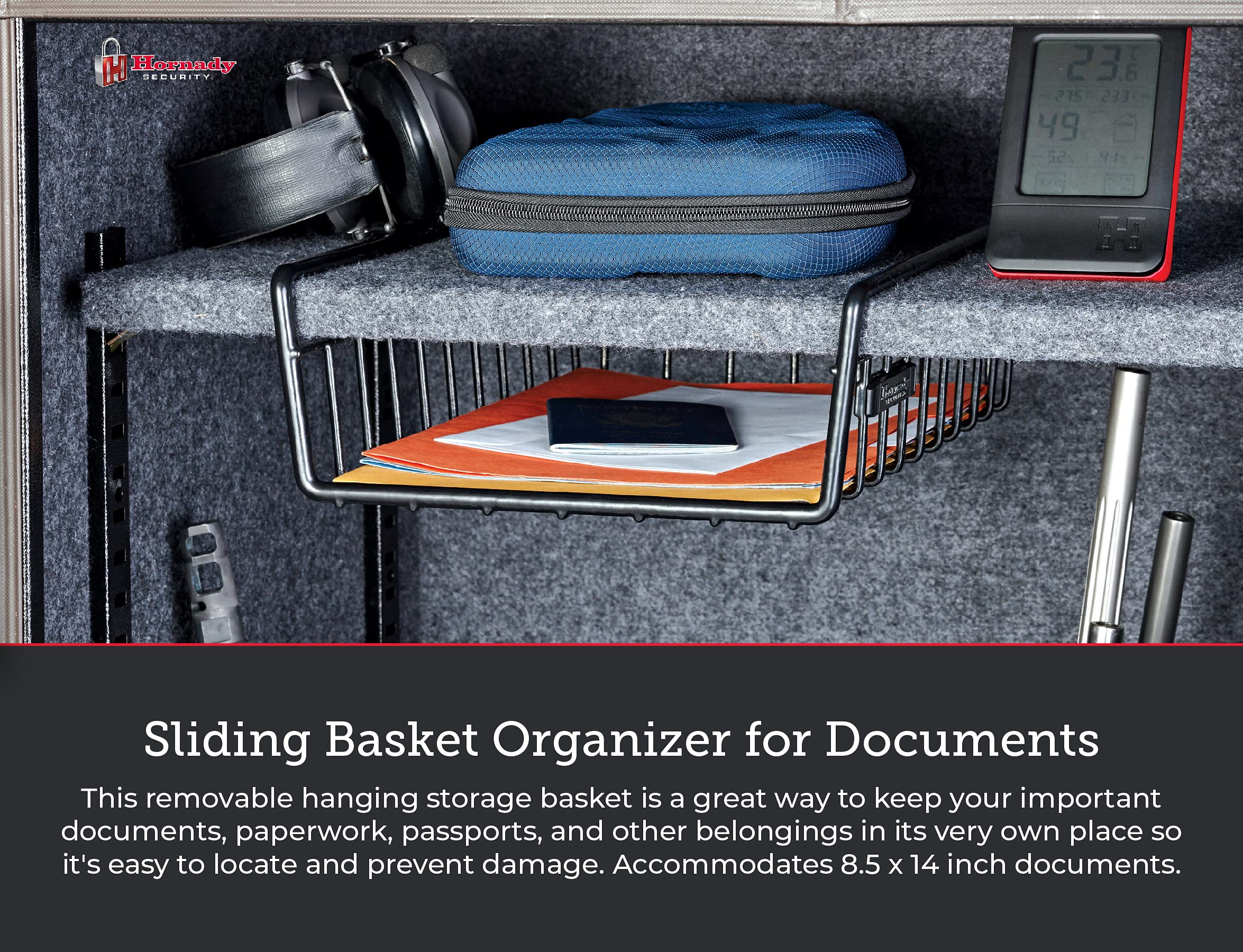 Hornady Hanging Shelf Document Basket, 96012 - Coated Wire Basket Maximizes Storage for Documents, Gun Accessories, & Ammo - Easy Access Under Shelf Storage for Gun Safes - Holds Up to 40 Pounds