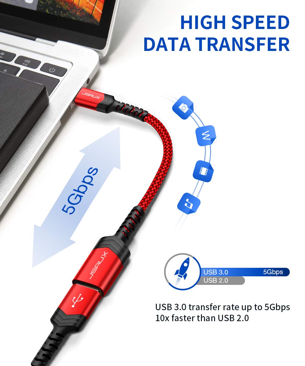 JSAUX USB C to USB Adapter, [0.5ft 2 Pack] Type C 3.0 OTG Cable On The Go Type C Male to USB A Female Adapter Compatible with MacBook Pro 2018 2017,Samsung Galaxy S20 S20+ Ultra S8 S9 Note 10 -Red