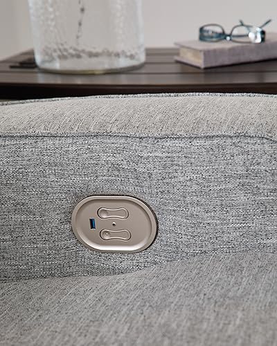 Signature Design by Ashley Biscoe Casual UV Resistant Power Reclining Loveseat with Console, Adjustable Headrest and USB Ports, Light Gray