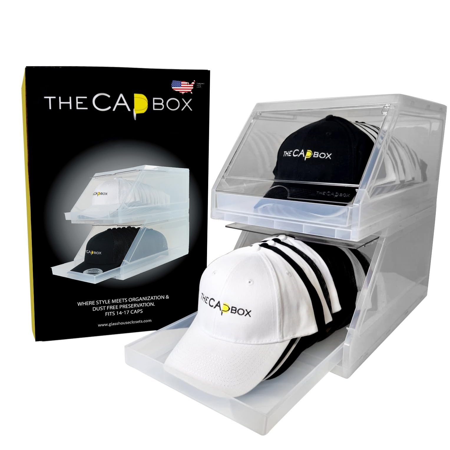 The CapBox 2.0 (2 Pack Clear) Hat Organizer for Baseball Caps, Stackable Sliding Tray Hat Rack & Hat Holder Hat Hanger Cap Storage Container 2 Yr. Warranty Fits 12-17 Caps Sliding Tray & Stopper