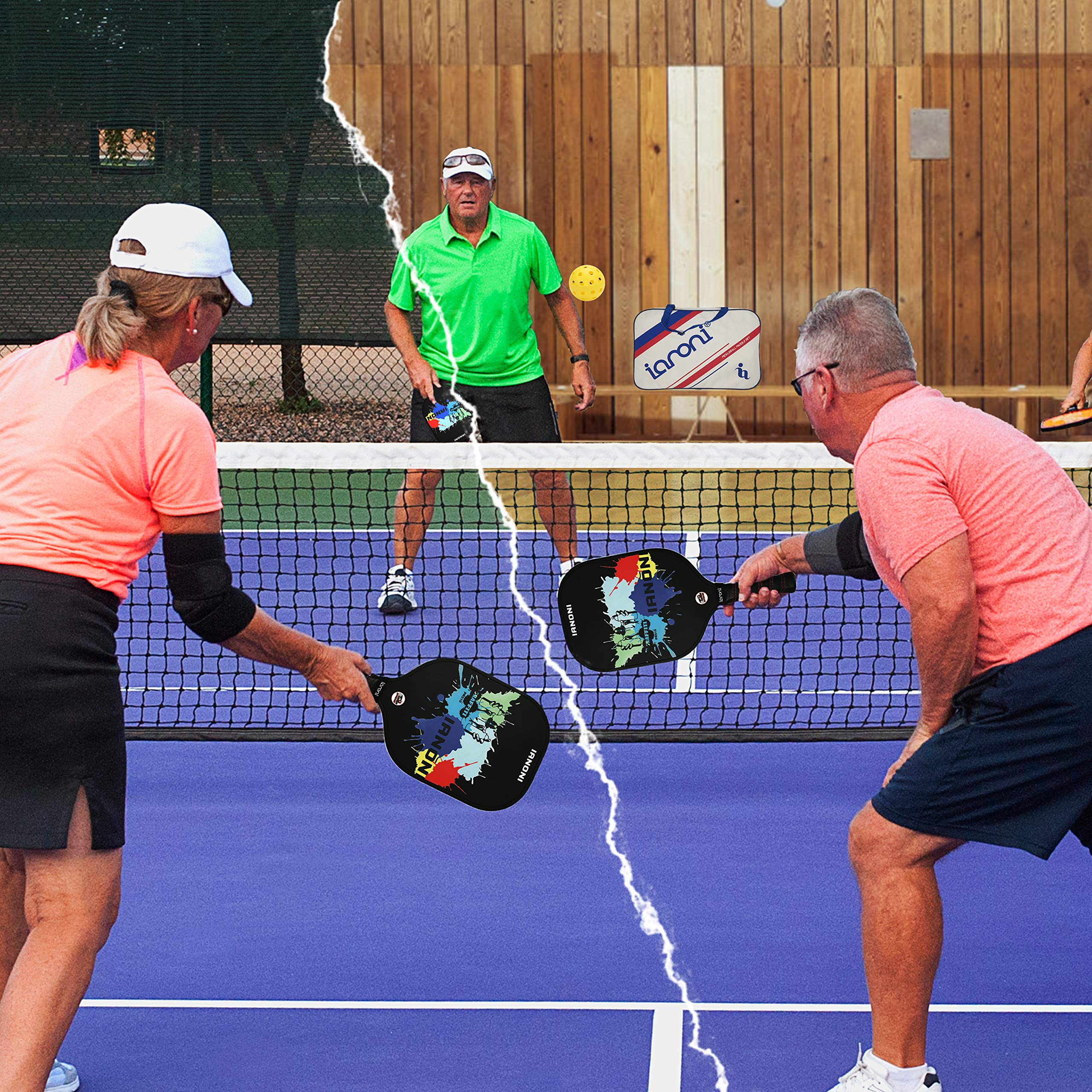 ianoni Pickleball Paddle Set - 2 Premium Lightweight Graphite Rackets Honeycomb Composite Core,Includes 4 Balls, Portable Racquet Cover Case Bag,Ultra Cushion Grip, USAPA Approved