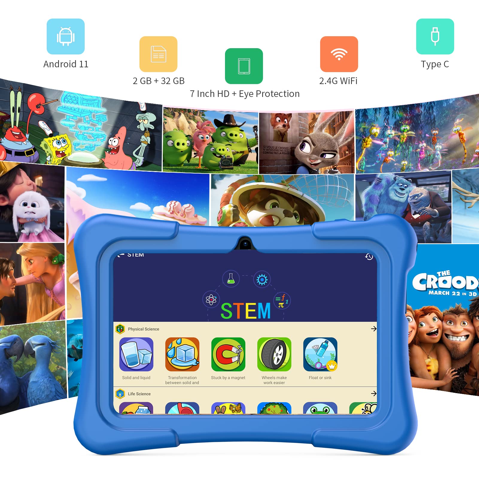 PRITOM Tablet for Kids, 7 inch Kids Tablets with WiFi, 32GB ROM, 2GB RAM, Bluetooth, Camera, Parental Control, Pre-Installed APPs, Games, Learning Educational Toddler Tablet with Case, Blue
