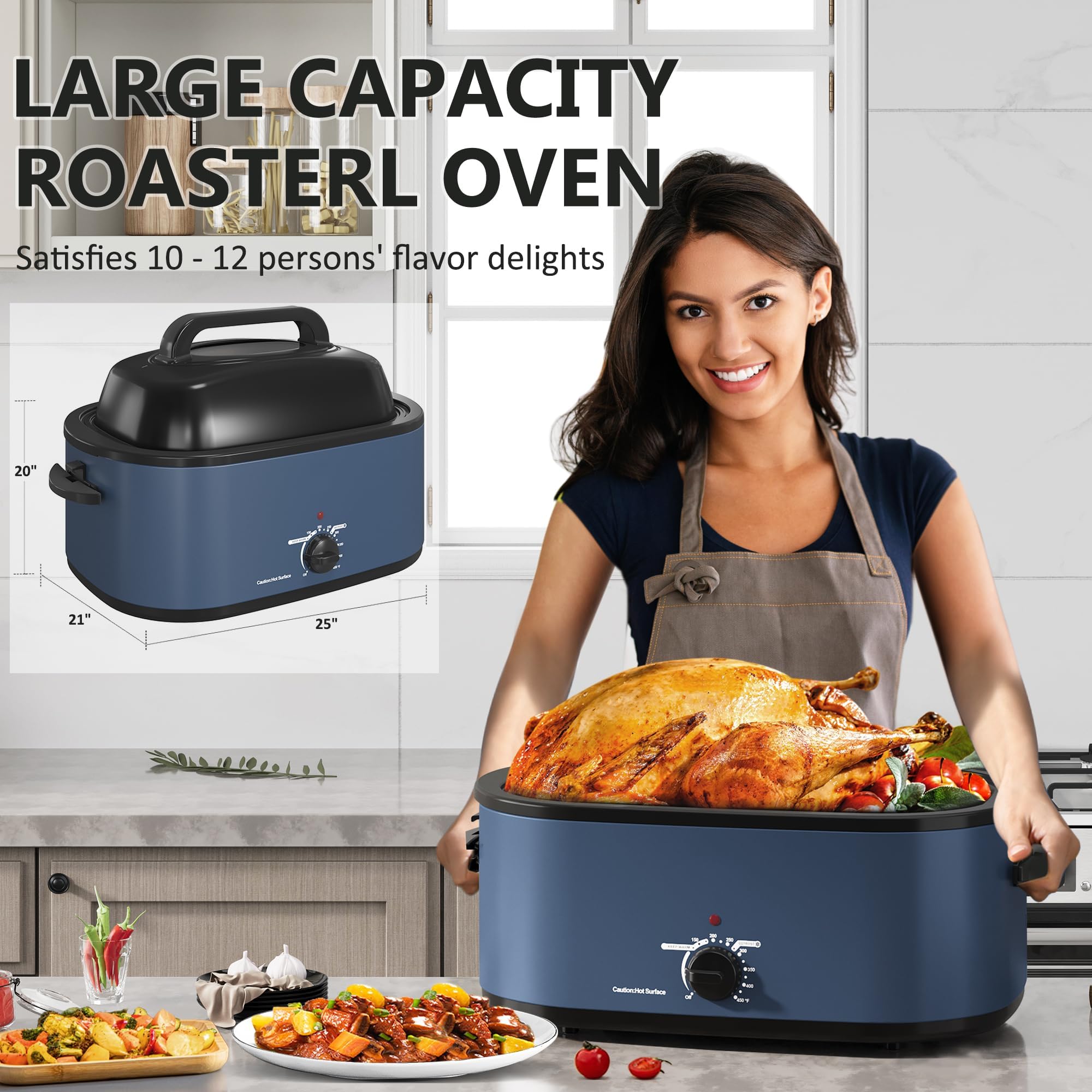SUNVIVIPRO Roaster Oven 28 Quart, Electric Roaster Oven with Visible & Self-Basting Lid, Turkey Roaster Oven with Removable Pan & Rack, Variable Temperature Control, Stainless Steel, Silver