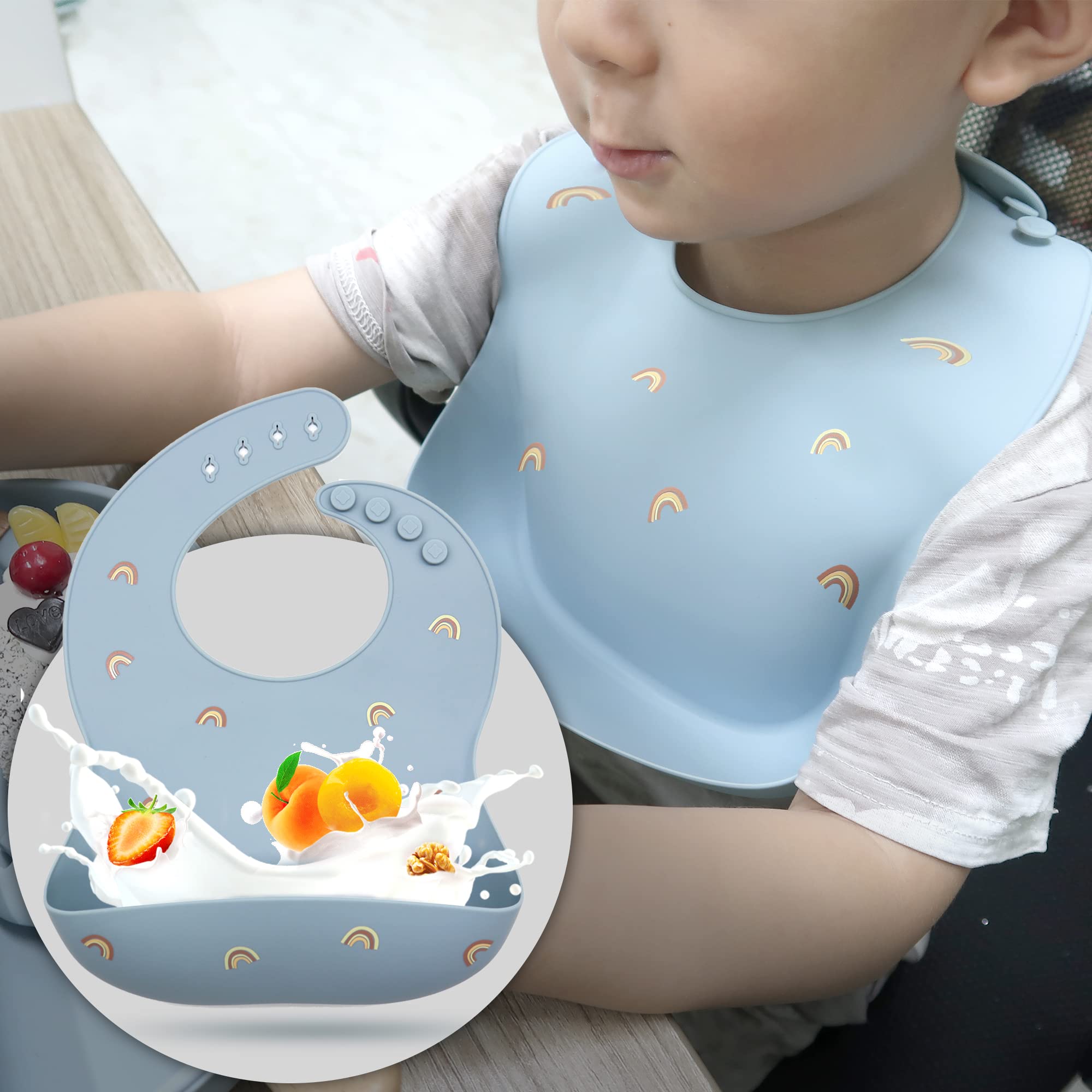 Santi & Me Silicone Bibs for Babies & Toddlers, Soft Waterproof Bibs with Food Catcher Pocket, Adjustable Baby Feeding Bibs 2 PCS (Beige&Dusty blue)