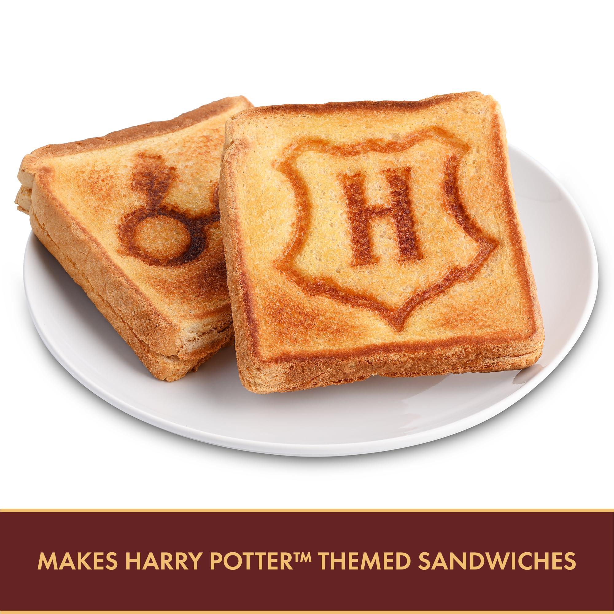 Warner Brothers Harry Potter Dual Sandwich Maker by Select Brands - Ceramic Coated Cooking Plates - Imprints Hogwarts Crest and Harry Potter Glasses on Toasted Sandwiches, Black and Gold, WBH-100SM