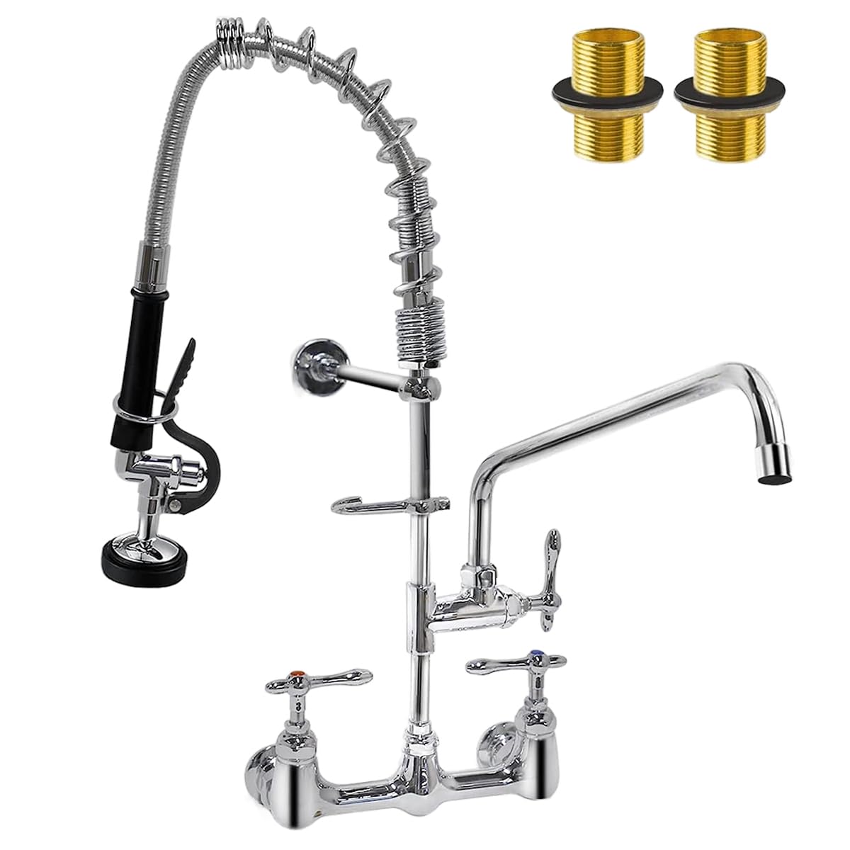 MYWHITENG Commercial Kitchen Faucet with Sprayer, 8 Inch Adjustable Wall Mounted Restaurant Faucets 12" Spout Pull-Down PreRinse Faucet 25” Height Suitable for 1, 2 or 3 Compartment Sink (Solid Brass)