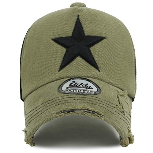 ililily Star Embroidery Black White Trucker Hat Cotton Baseball Cap, Olive, Medium