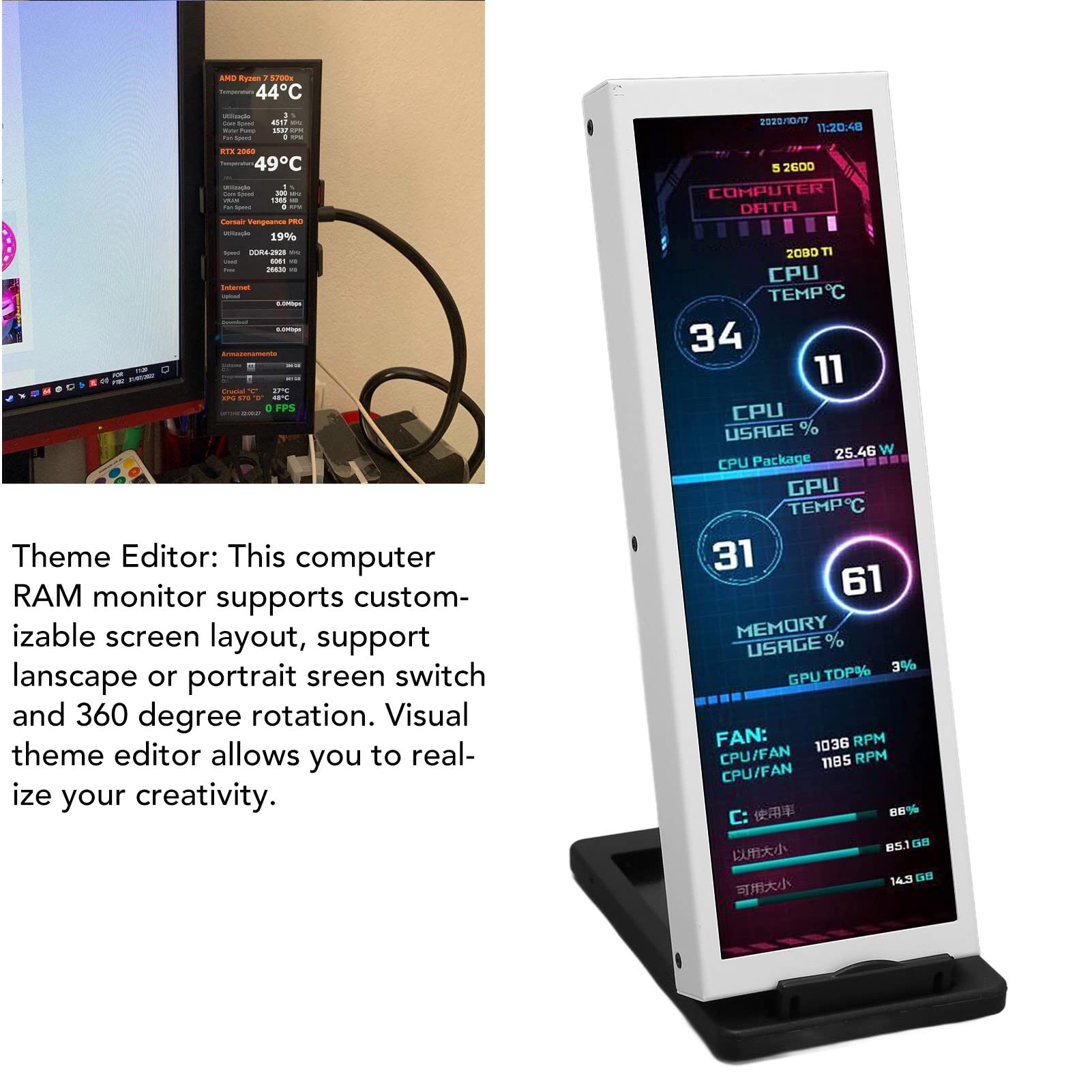 VINGVO PC CPU Data Monitor, 7.9 Inch IPS Computer CPU Monitor Customizable for Desktop
