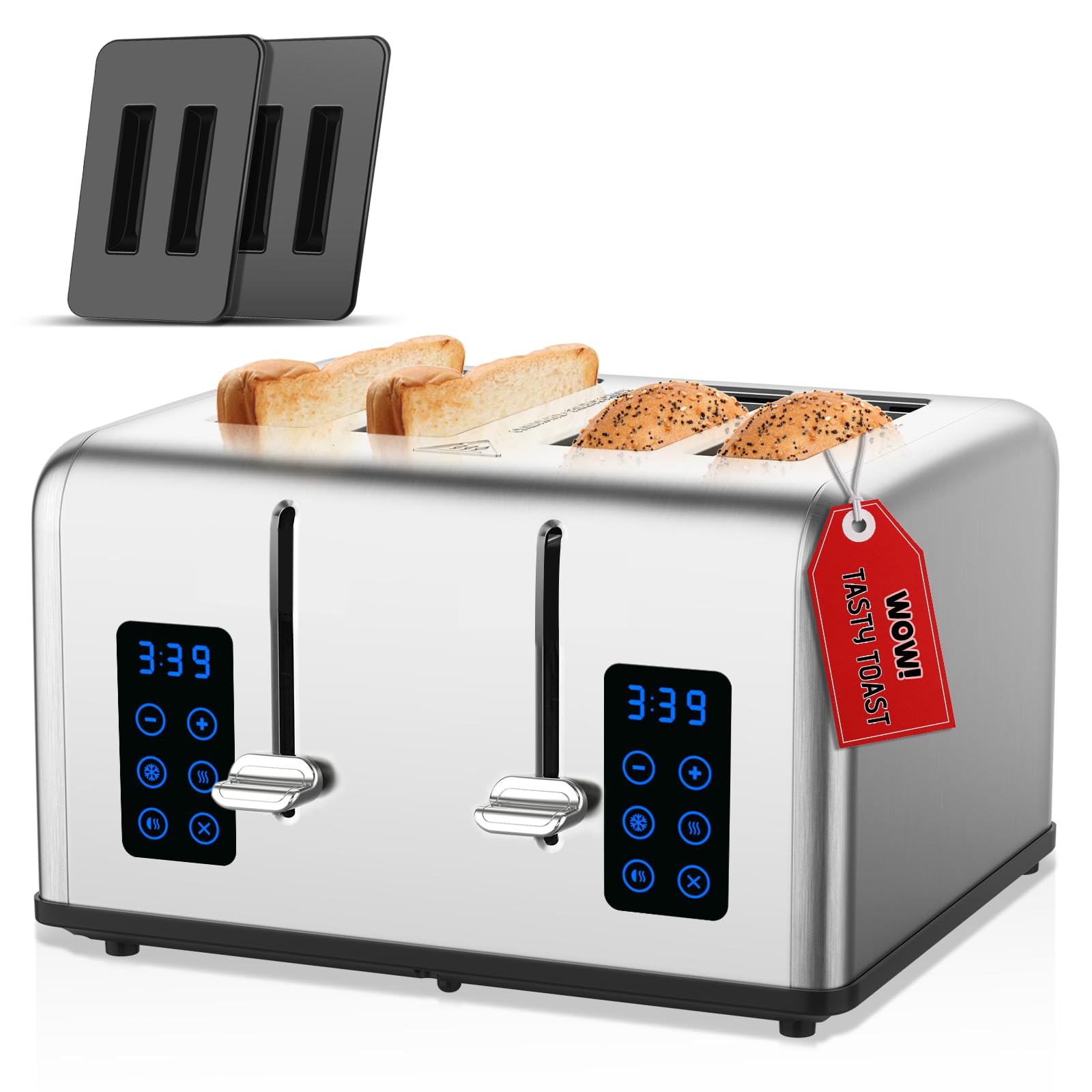 Toaster 4 Slice Touch Screen, 4 Slice Toaster with Extra-Wide Slots, Dual Independent Toasting Panels & Cancel/Defrost/Reheat/Bagel Functions, Removable Tray & 6 Browning Levels, 1650W