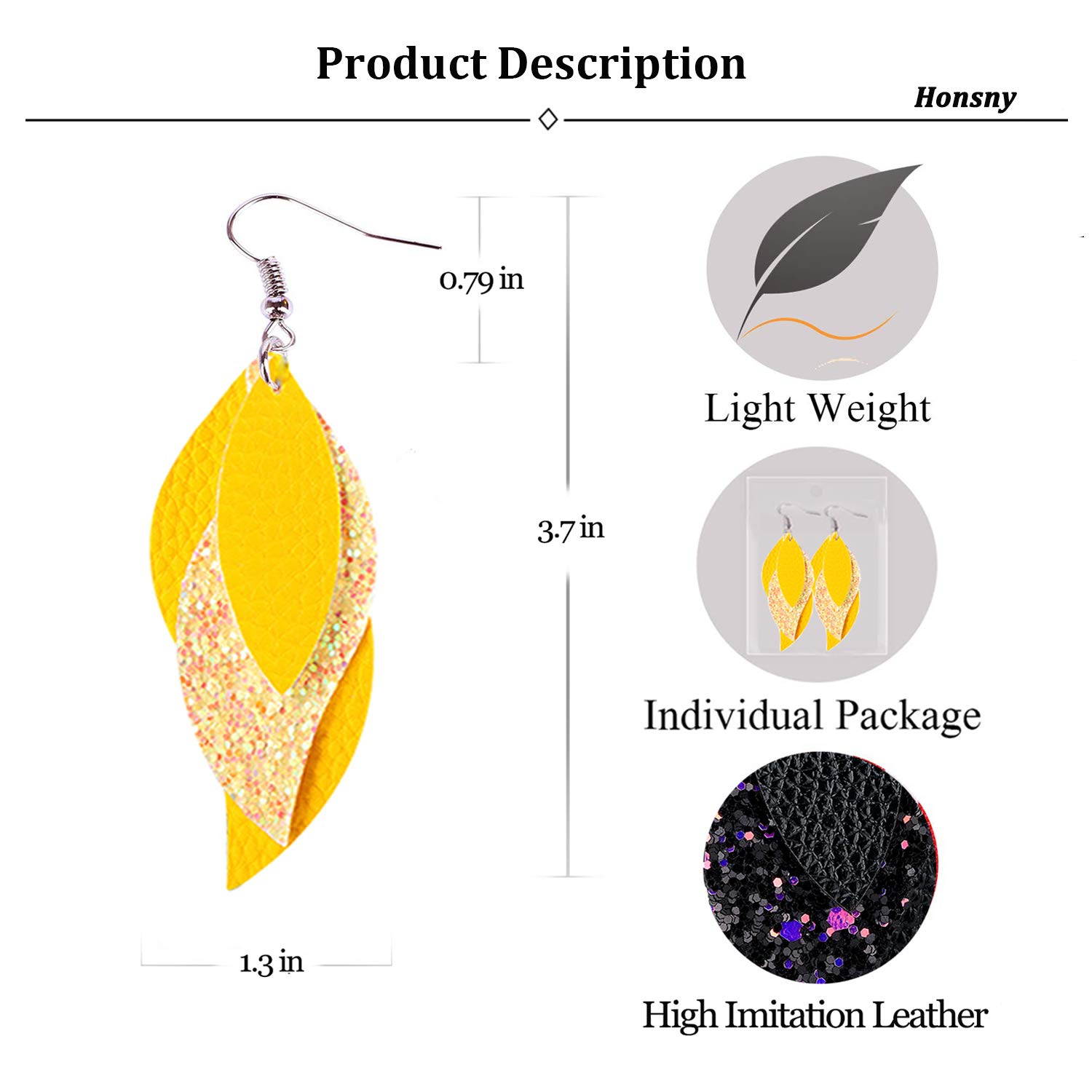 Honsny 16 Pairs Lightweight Leather Earrings for Women 3 Layered Faux Leather Leaf Earrings S Design Drop Dangle Earring Set