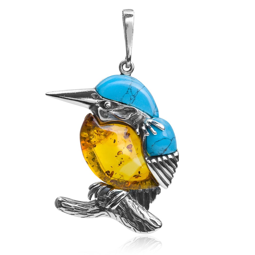 Ian and Valeri Co. Amber Sterling Silver Turquoise Blue Kingfisher Bird Pendant
