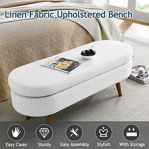IAFIKE Oval Storage Bench 43.5" Linen Fabric Upholstered Ottoman Indoor Bench with Solid Wood Legs for Living Room/Bedroom/End of Bed/Entryway/Bed Side (White)