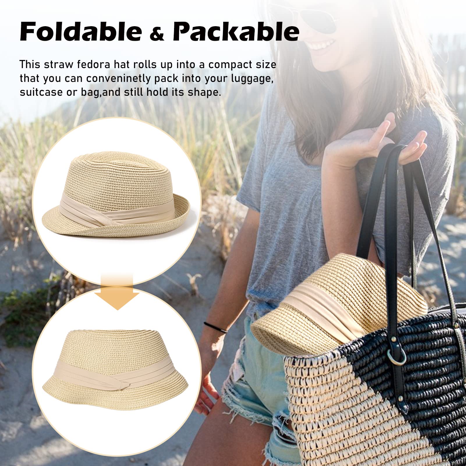 Lvaiz Womens Straw Fedora Hats Short Brim Beach Sun Trilby Hat for Men Packable Roll Up Panama Summer Hat Beige, Z Beige-beige Ribbon, One Size