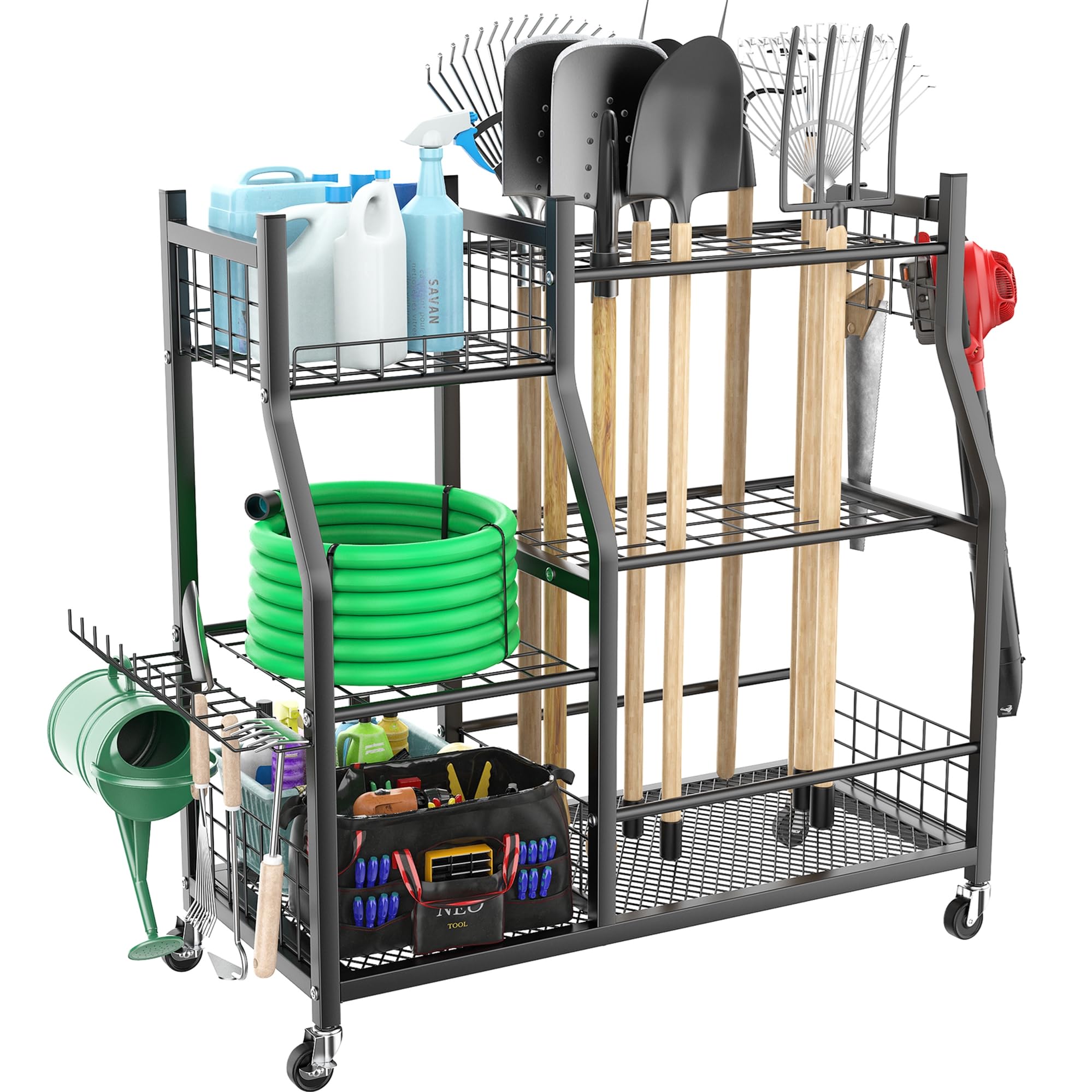 WALMANN Garden Tool Organizer with Wheels for Garage, Large Storage Capacity, Rakes/Shovels/Yard Tools Storage Stand for Shed, Garden, Indoor/Outdoor Long-Handled Tools Rolling Cart