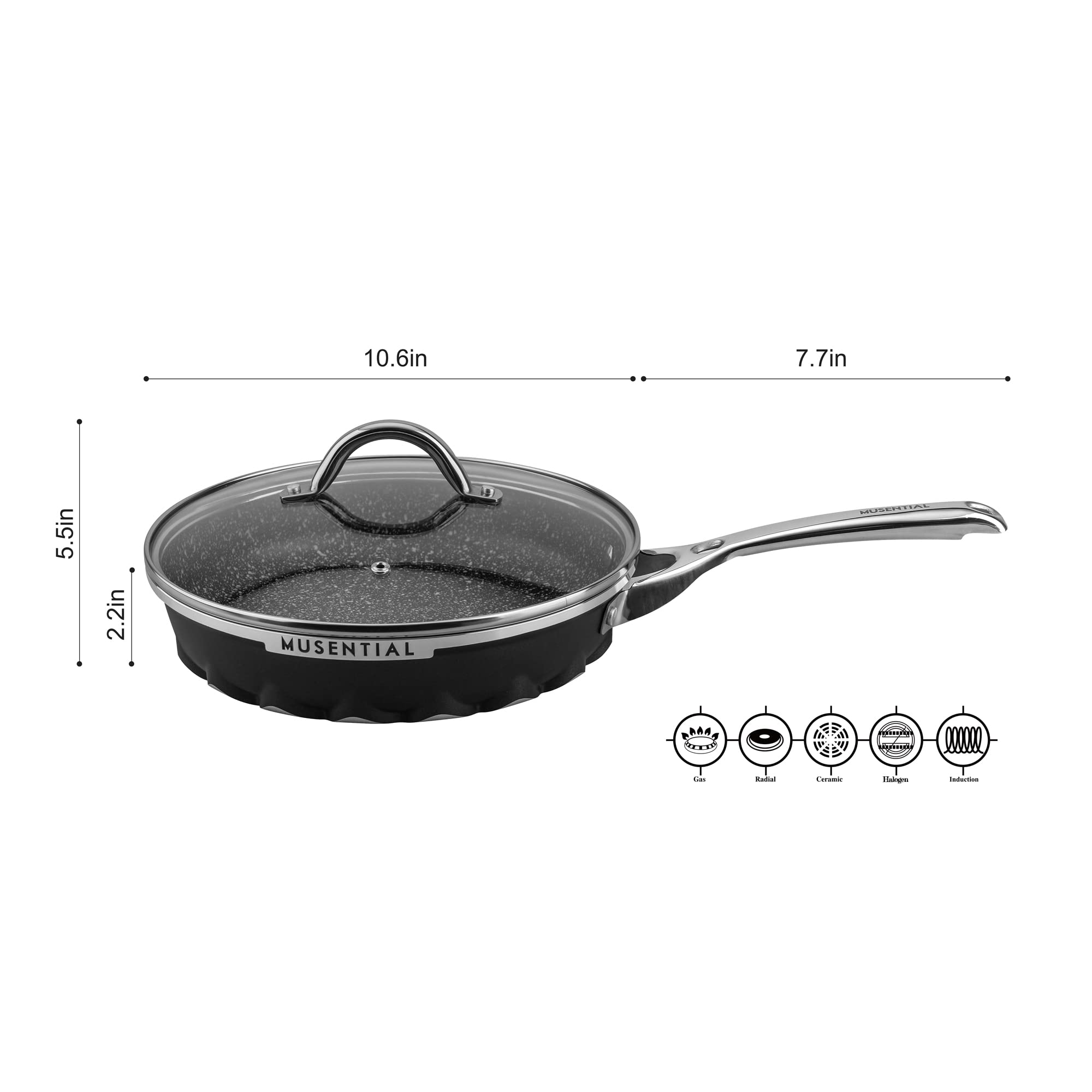 MUSENTIAL 10" Inch Aluminum Non-stick Frying Pan Skillet with Tempered Glass Lid, PFOA-Free Non-stick Granite Coating, Stainless Steel Handle, Dishwasher/Oven Safe (Black)