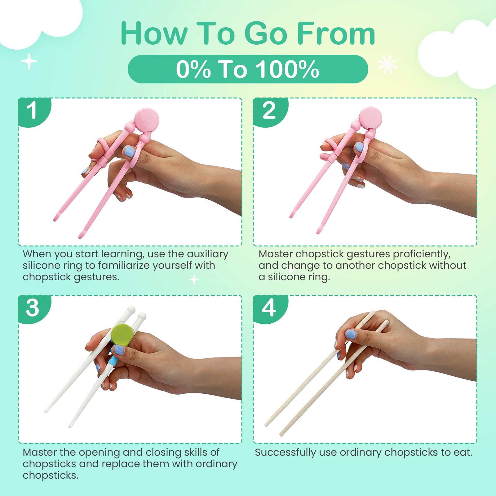 MOTZU 2 Pairs Training Children Beginners Chopsticks - Fun and Easy to Use Cheater Chopsticks, Learning Chopstick Helper, Plastic Chopsticks for Beginners, Kids & Adults - Reusable & Dishwasher Safe