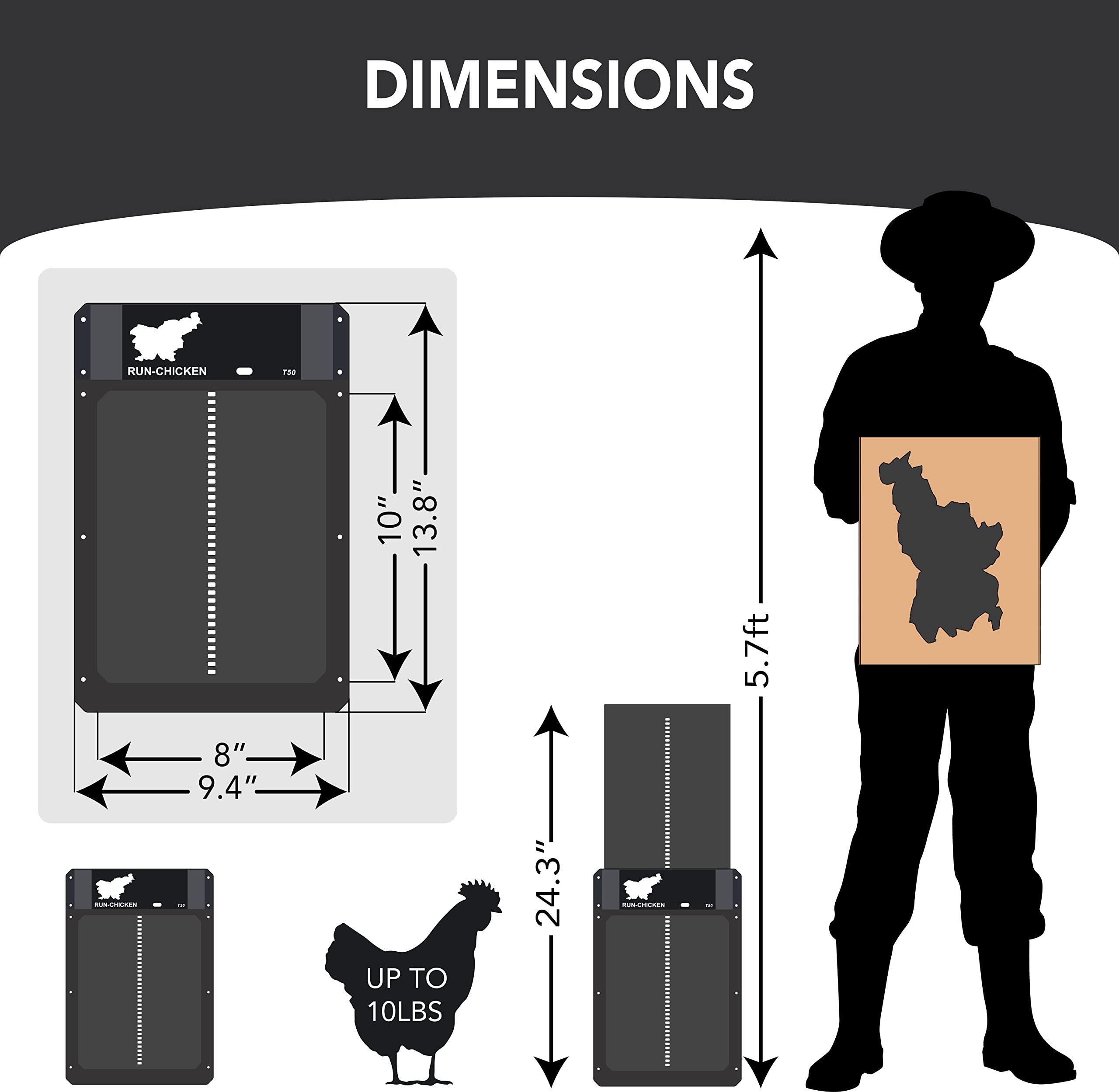 RUN-CHICKEN Door (Gray) Automatic Chicken Coop Door, Programmable with App, Battery Operated, Evening and Morning Delay, Aluminum Door, Electric Chicken Run Door, Model T50