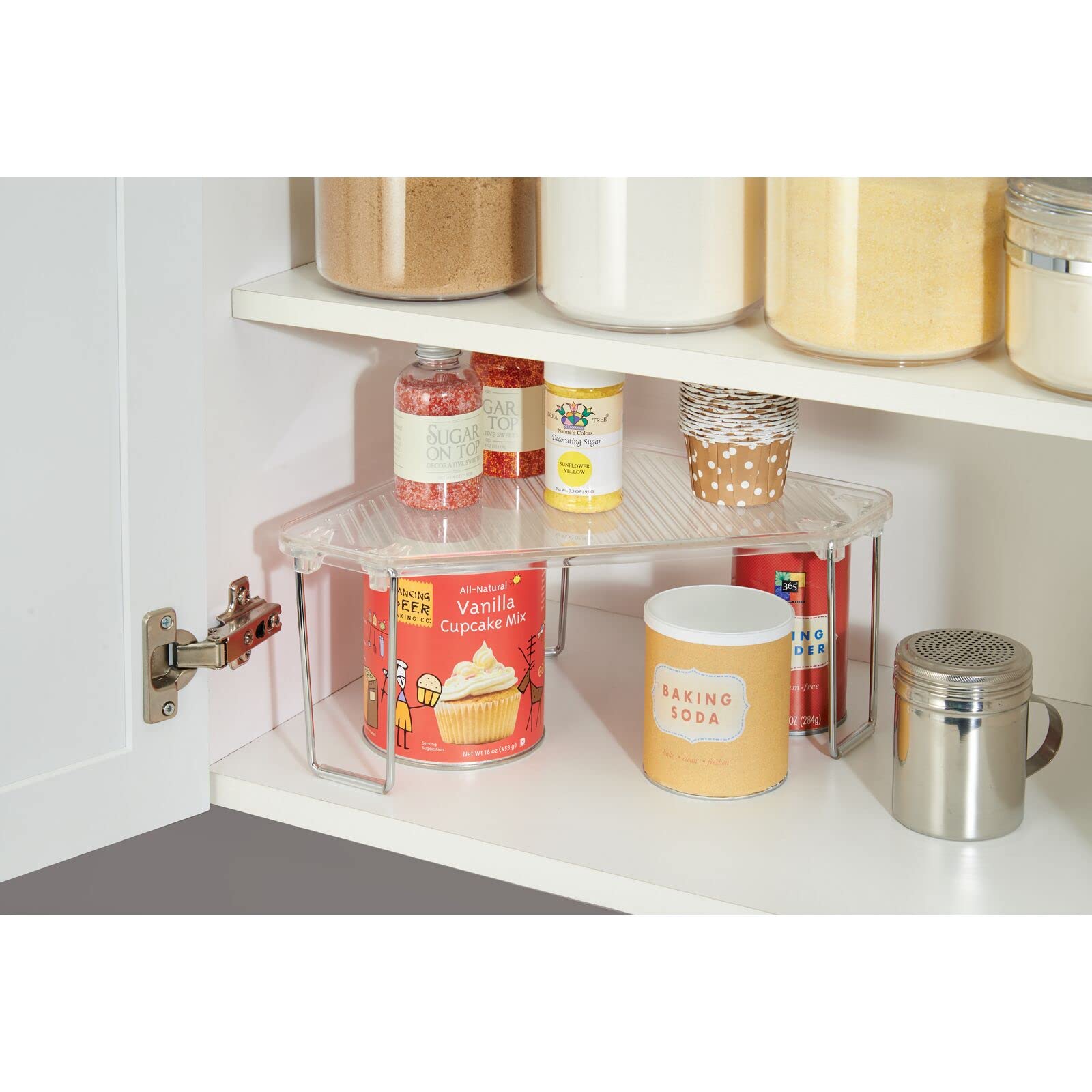 mDesign Plastic/Steel Freestanding Foldable Corner Stackable Organizer Shelf for Kitchen, Counter, Pantry, Cabinet Storage, Holds Plates, Dishes, Ligne Collection, 2 Pack - Clear