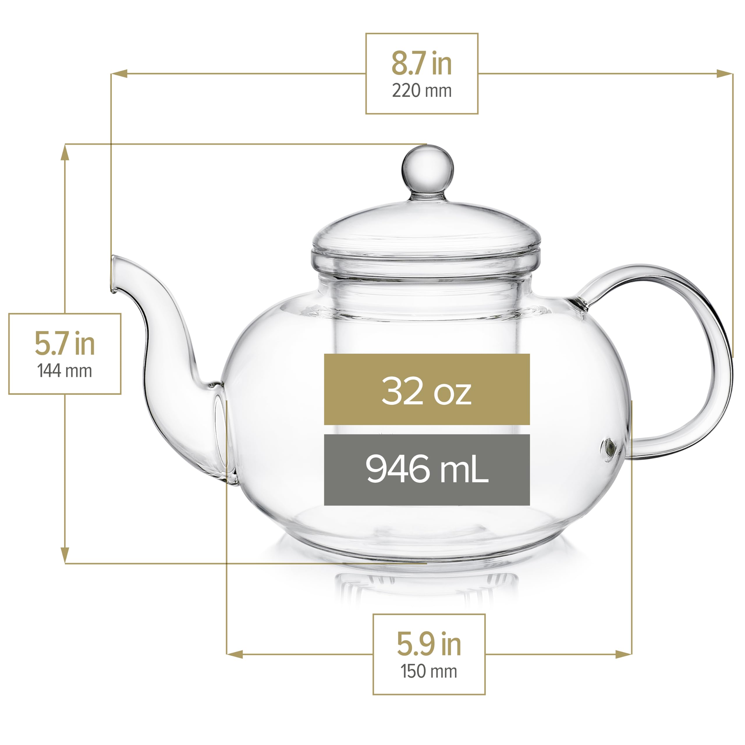 Teabloom Heatproof Glass Teapot Set with Removable Loose Tea Infuser (Standard Size: 32oz/946ml) and Four Borosilicate Glass Teacups (7oz/207ml) - Lead-free Blossoms Glass Tea Set