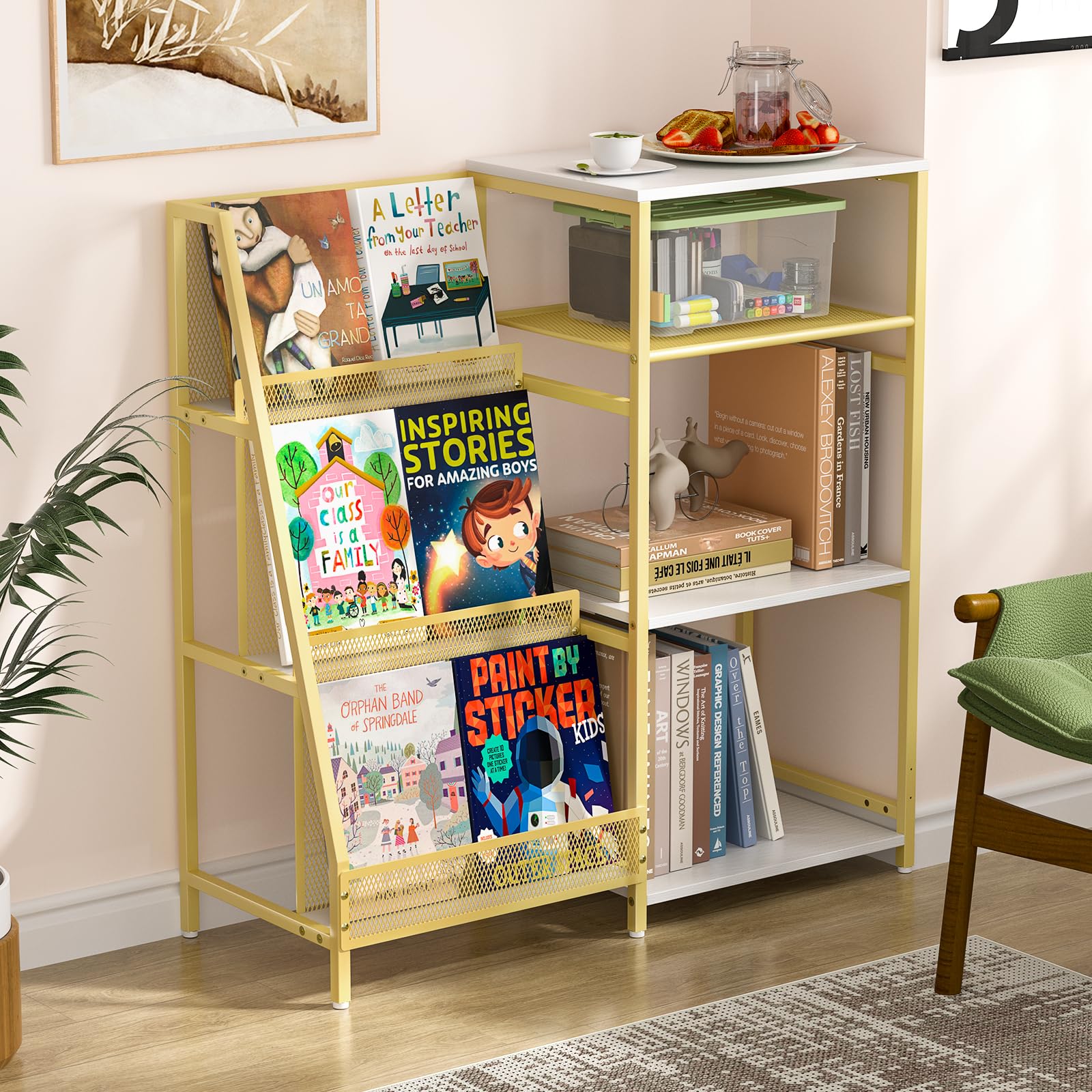 ThreeHio Vintage Bookshelf, Wooden Kids Bookshelf with 3-Tier Ladder Book Display Rack, Small Book Shelf Library Bookcase Storage Organizer, Short Wide Small Bookshelf Bookcase for HomeOffice