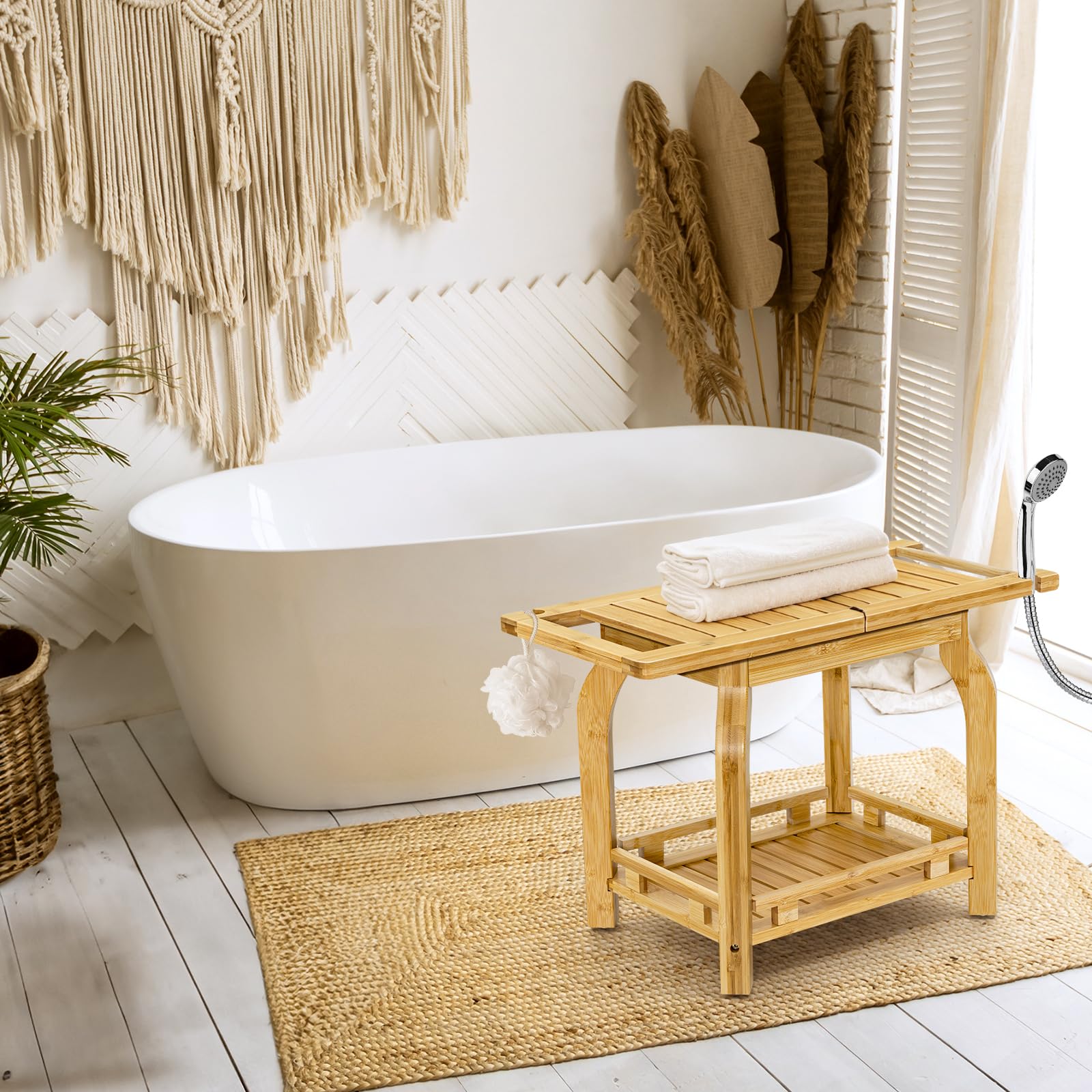 TEAKMAMA 2-Tier Bamboo Shower Bench, 25" Waterproof Shower Stool with Storage Shelf, Shower Chair Bath Seat with Handle for Bathroom Bathtub Elderly Disabled