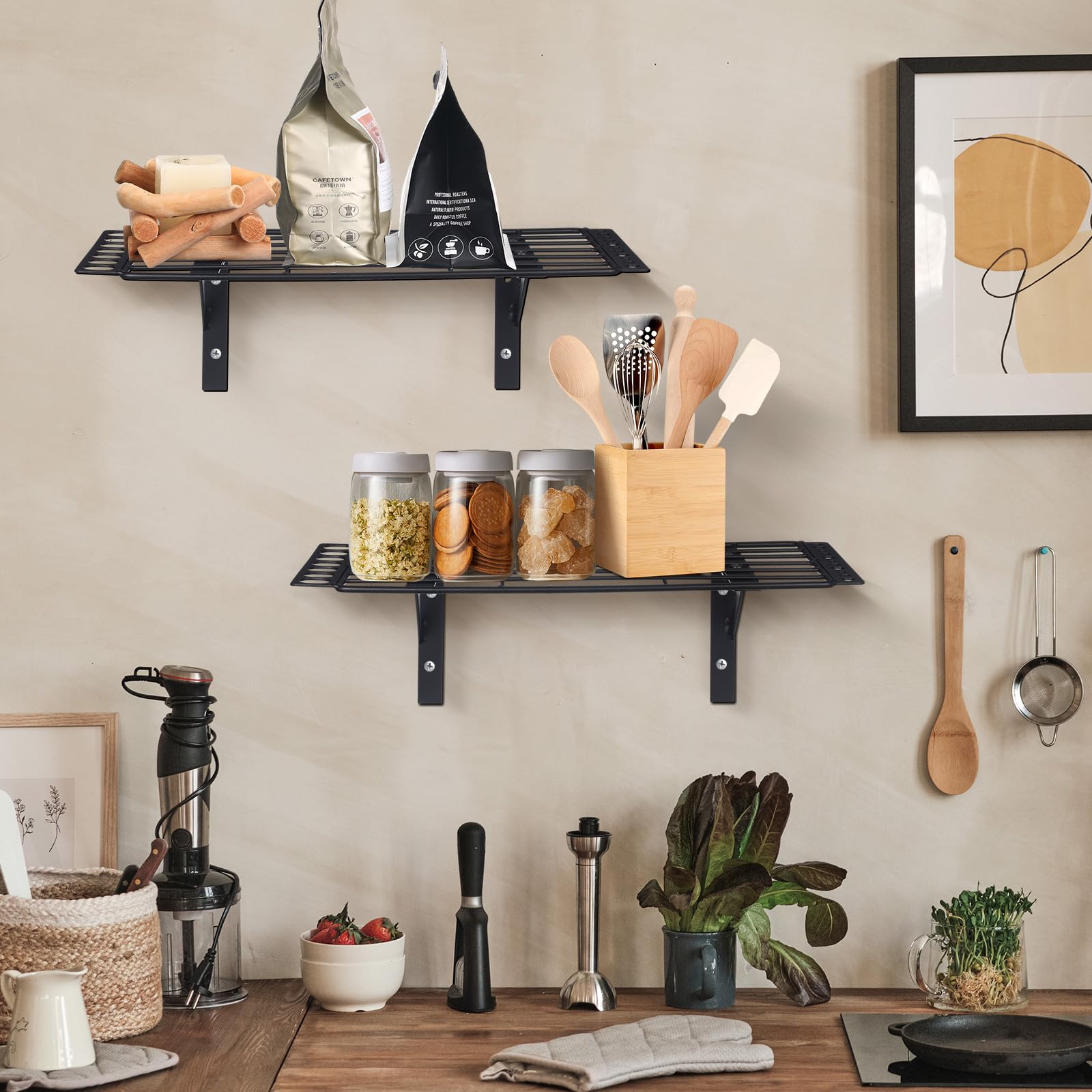 Threehoney 2 Pack Garage Shelves Wall Mounted Heavy Duty Garage Shelving Tool Organizer for Home Garden Shop Shed Garage Organization and Storage, Each 50lb Load Capacity, Black,15.8" x 7.9"