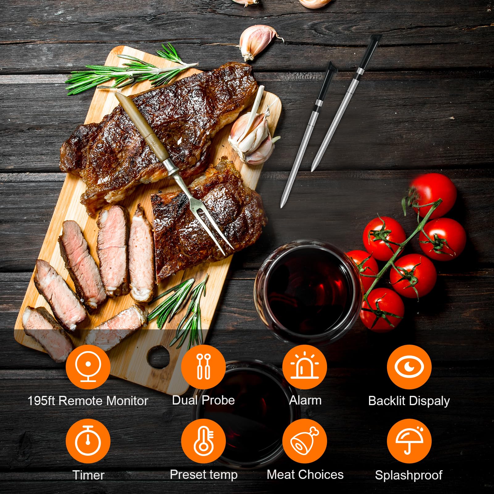 NAMON Wireless Meat Thermometer, Grill Thermometer with 2 Meat Probes, 195ft Wireless Range Digital Thermometer for Cooking, Food Thermometer with Smart Alert for Oven, Smoker, Rotisserie, BBQ