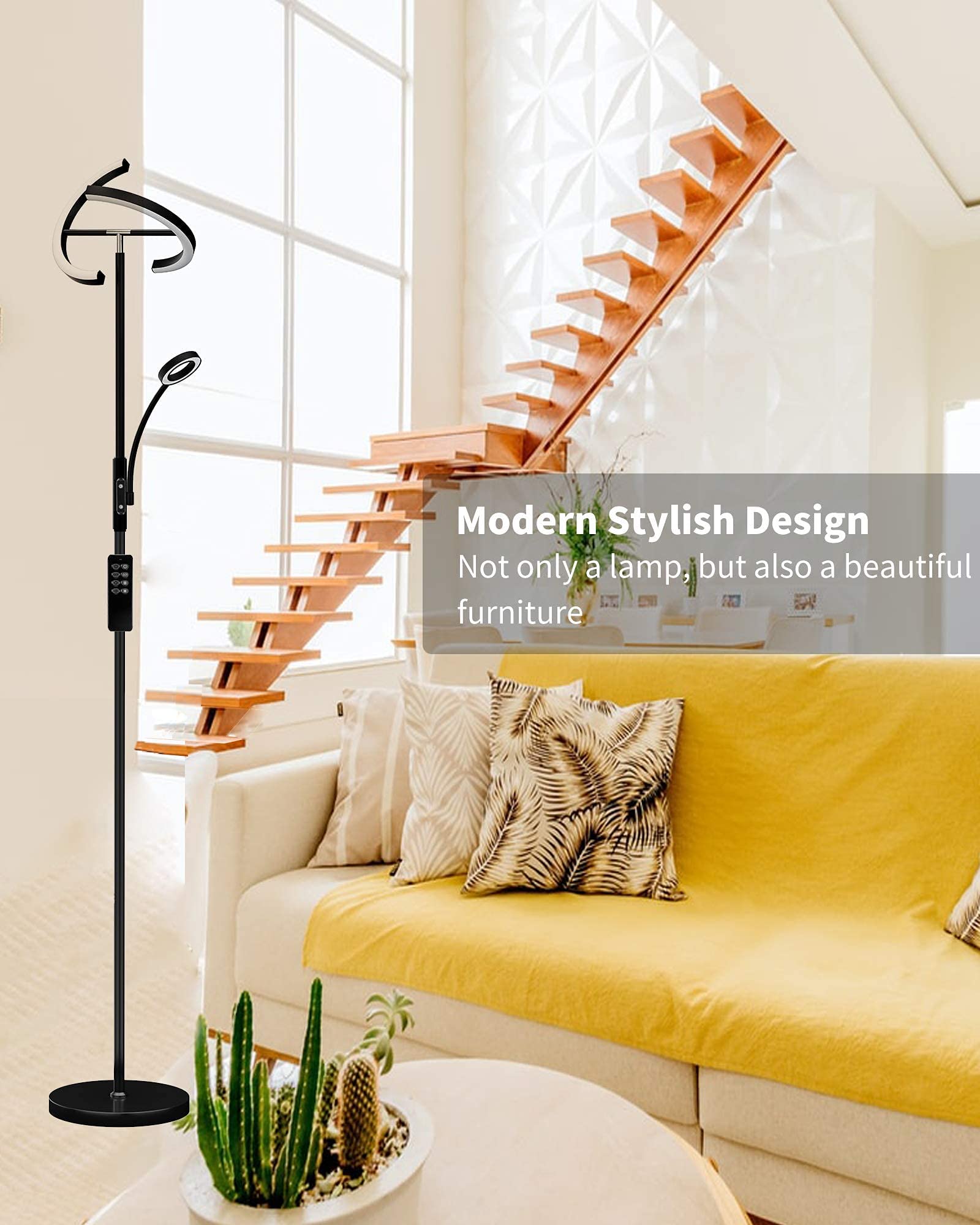 LED Floor Lamp with Reading Light, A ANTEN Modern Standing Lamp for Living Room, 20W Main Light & 7W Reading Lamp, Remote & Touch Control Dimmable Floor Light, Tall Black Pole Lamp for Bedroom, Office