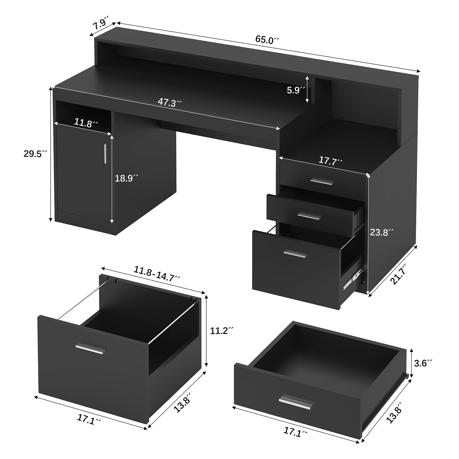 TVU 65" Computer Desk with 3 Drawers & Printer Stand, Office Desk with Monitor Stand & Storage Cabinet, Gaming Desk with Storage Shelf & Large Desktop, White Writing Desk for Home Office