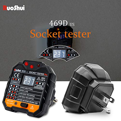 Ruoshui Outlet Tester 48-250V, GFCI Tester CAT II 300V, Receptacle Tester with Voltage Display, Standard US Electrical Socket Tester with 7 Visual Indications for Home & Professional Use…