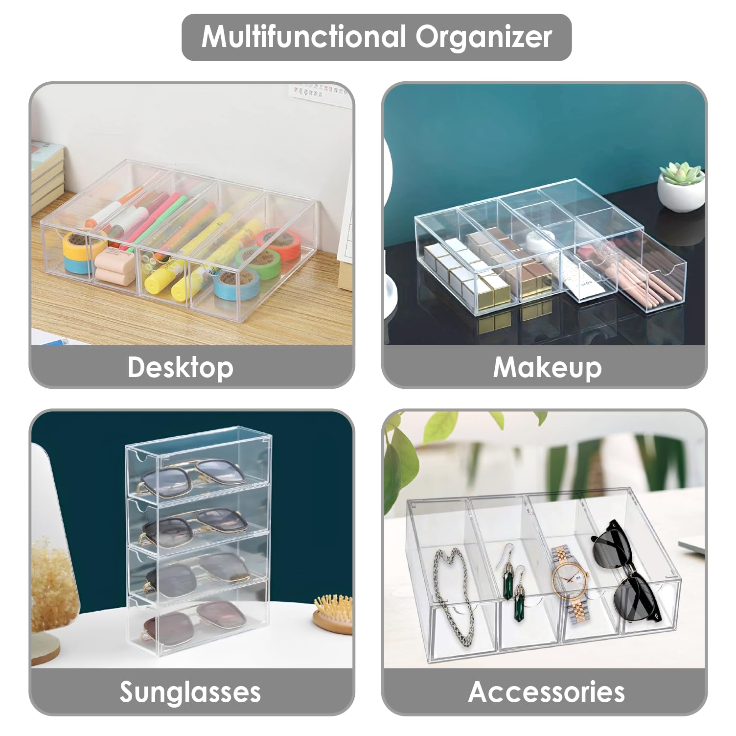 Premium Acrylic Sunglasses Organizer - Stylish Display For Your Sunglasses Collection, Transparent And Multifunctional Eyeglass Organizer Storage with 4 Boxes