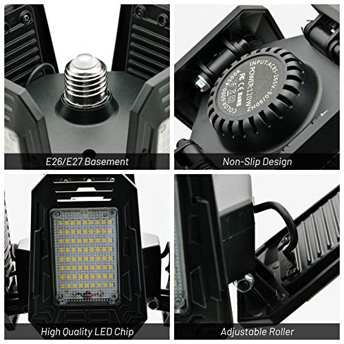 LED Garage Light, Aluminum Alloy Shell 120W Deformable Garage Ceiling Light E26 / E27 Basement with 4 Adjustable LED Panels 12000LM 6500K CRI 80, LED Shop Lights for Warehouse Workshop Barn Basement