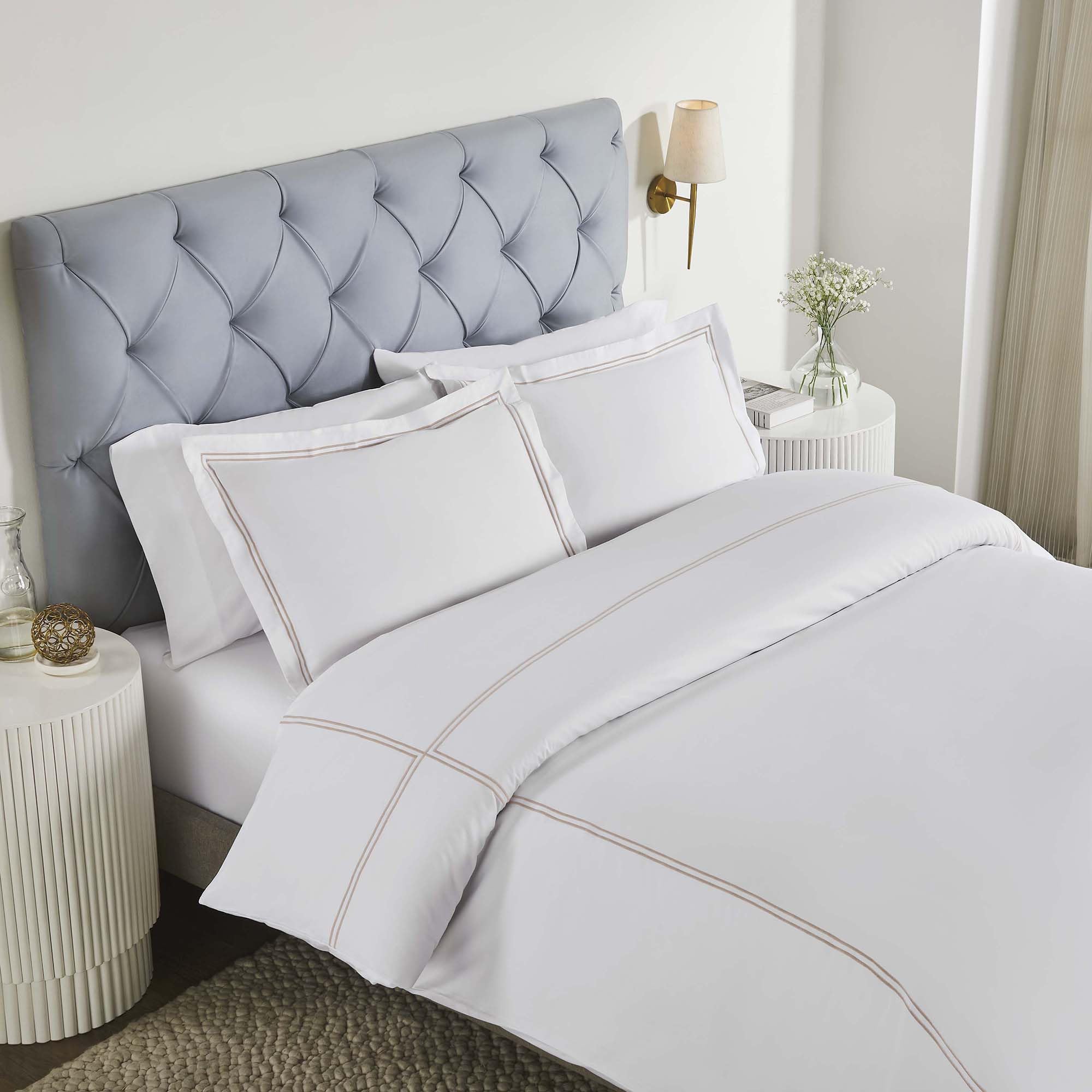 SUPERIOR Embroidered Cotton Duvet Cover Set, Soft Bedding Covers, 1 Duvet Cover with Button Closure, 2 Pillow Shams, Two-Line Design, Spring Blooms Collection, King/California King, White-Taupe