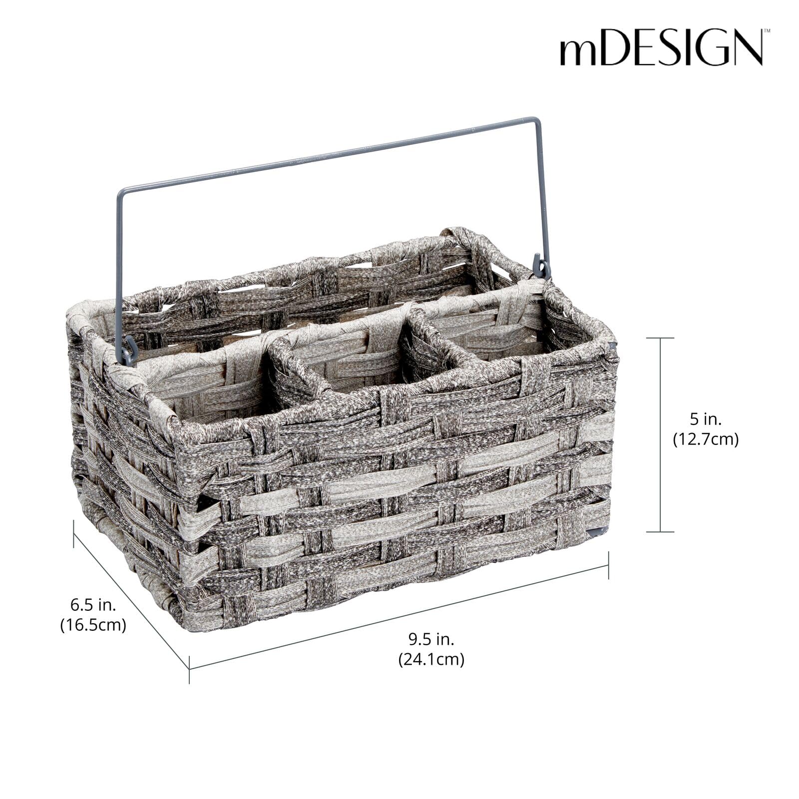 mDesign Plastic Woven Divided Cutlery Storage Organizer Caddy Tote - Basket Holder for Kitchen Table, Cabinet, Pantry - Holds Silverware, Forks, Knives, Spoons, Napkins and other Utensils - Gray