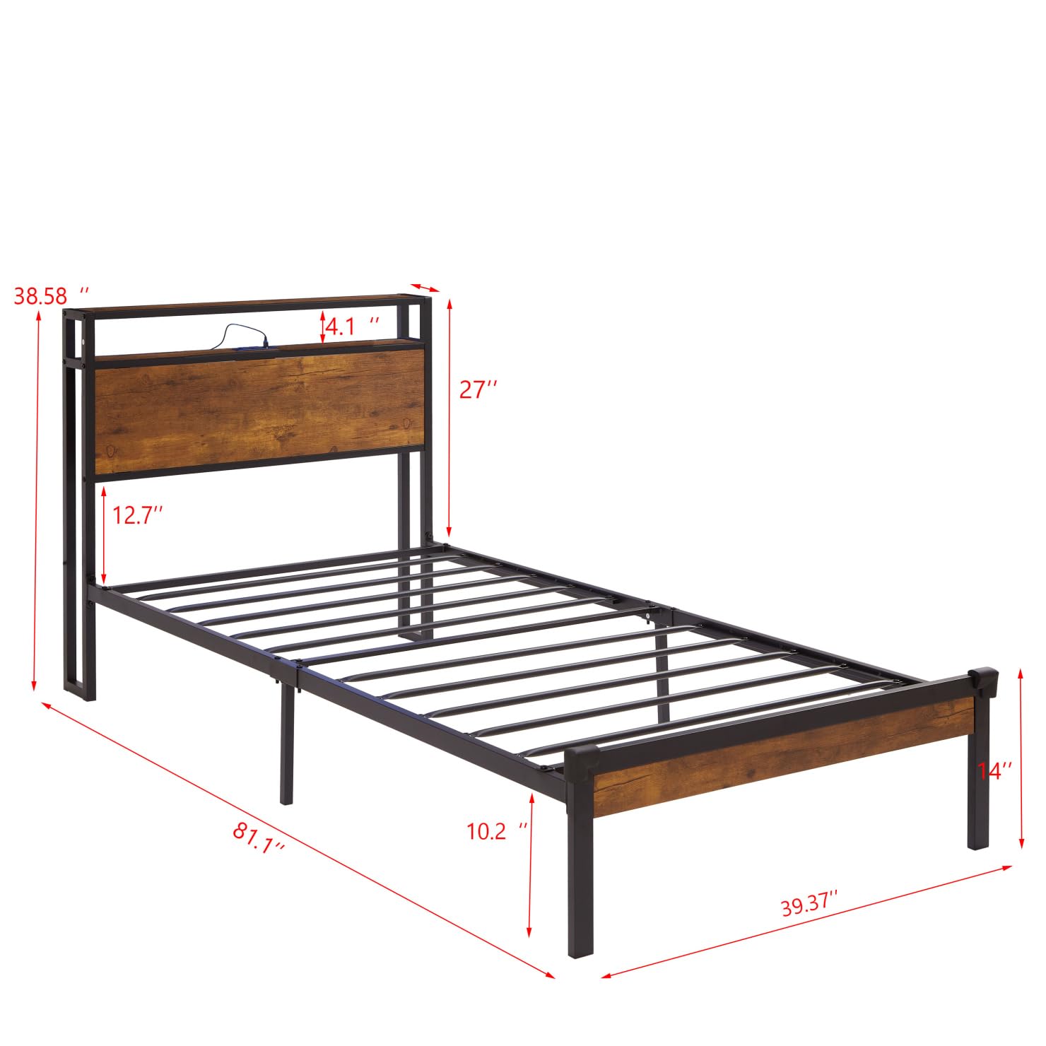 TURRIDU Twin Size Bed with USB Port & LED Lights, Metal Platform Bed Frame with Wooden Headboard & Footboard for Small Space, No Box Spring Needed, Large Under Bed Storage, Easy to Assemble, Brown
