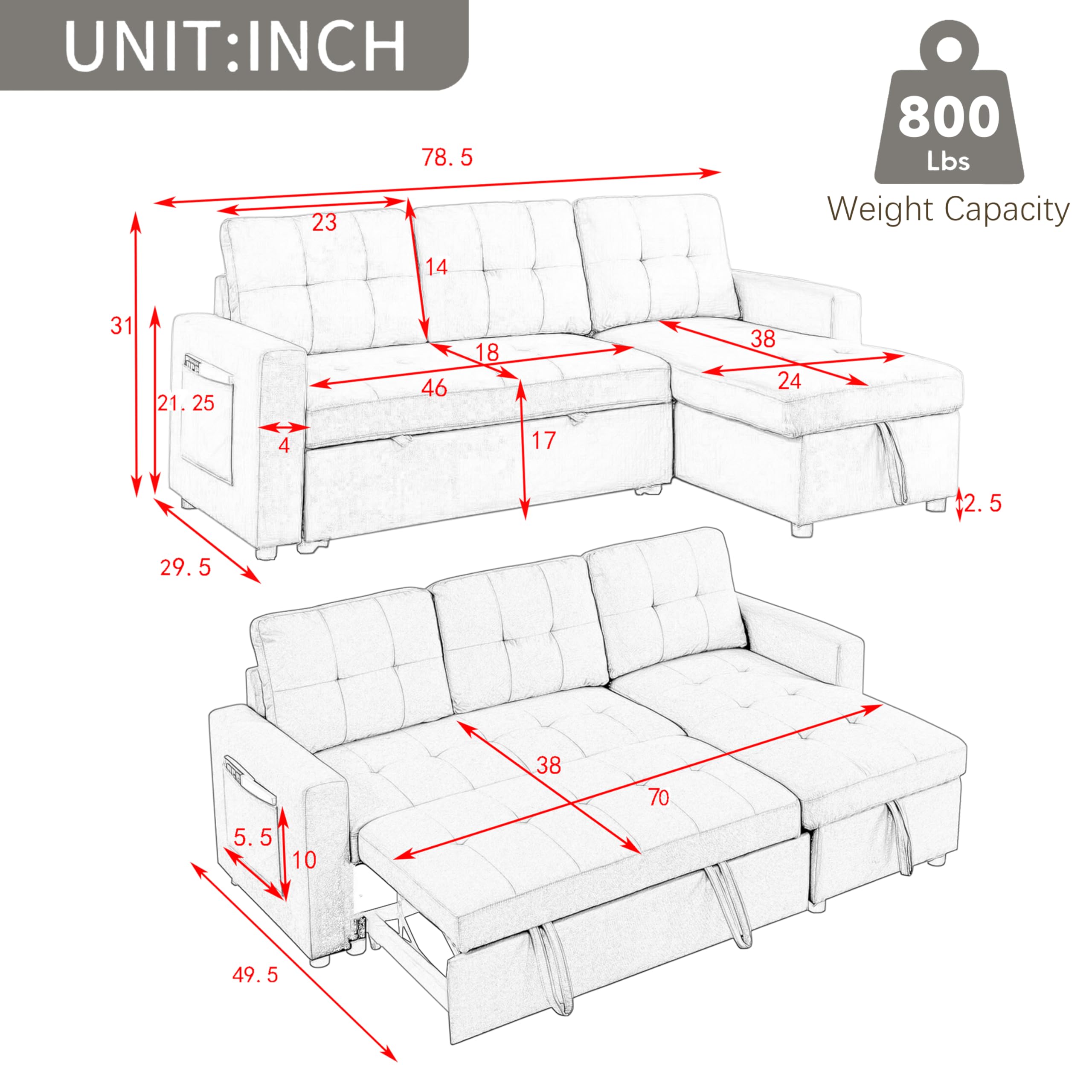 XZTUAJ 78" L Shaped Couch Sofa,3 Seater Couch Reversible Sleeper Sectional Sofa with Pull-Out Bed,Comfy Tufted L-Shaped Sectional Sofa Couch Bed with Storage Chaise Side Pocket for Living Room (Beige)