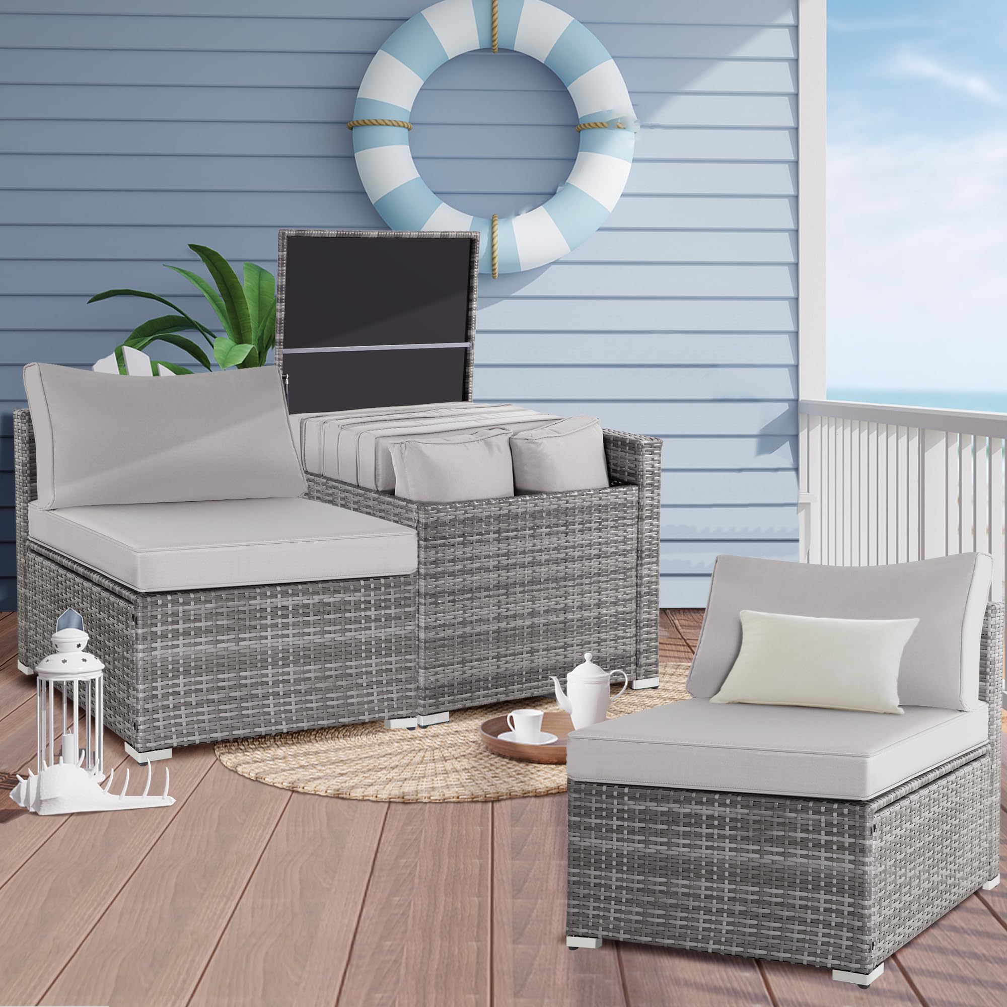 WenHaus 3 Piece Patio Wicker Corner Sofa Set,Outdoor PE Rattan Sofa Furniture for Porch Deck Balcony Pool,2 Sofa w/Storage Box