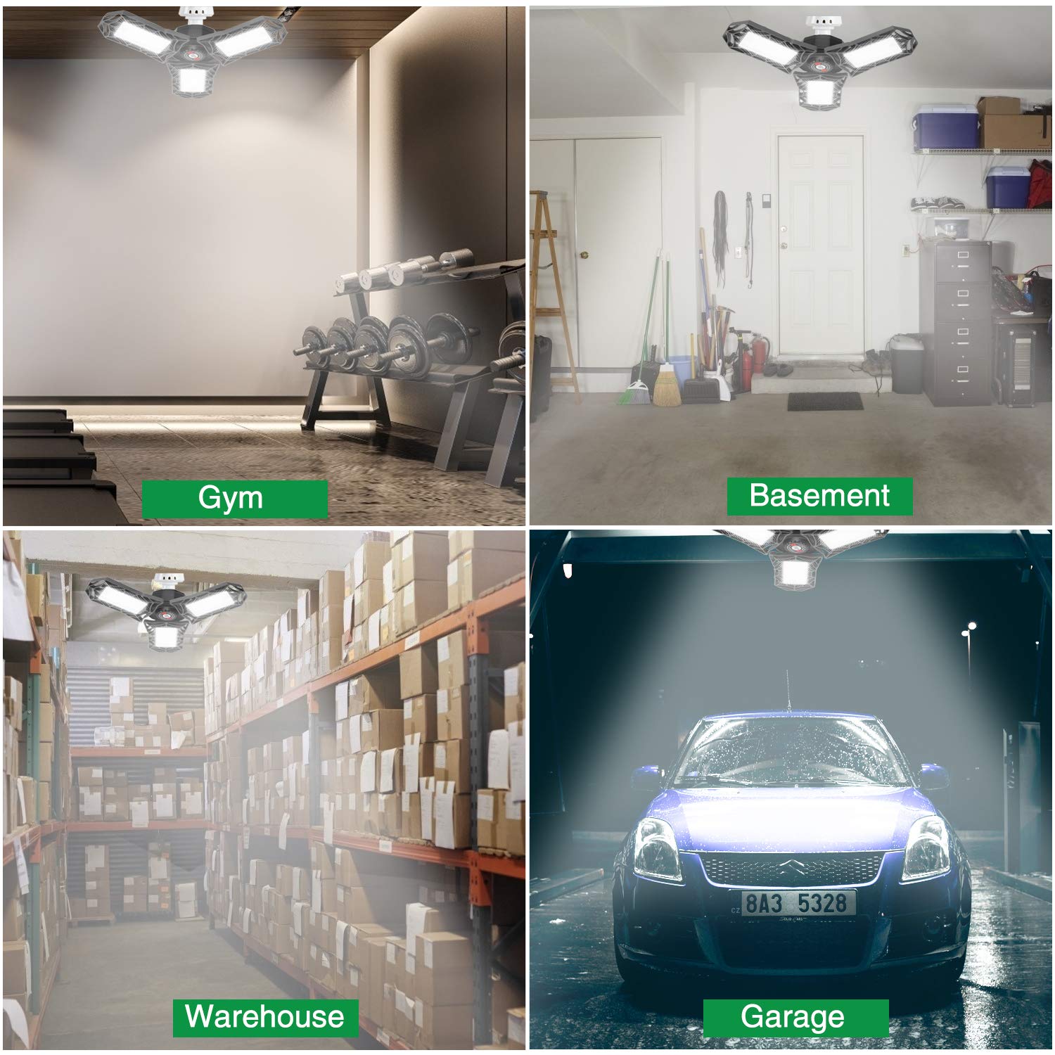 LED Garage Lights, 80W Deformable Garage Ceiling Light 8000LM E26 Basement Lights with 3 Adjustable LED Panels 270° – Fits for Garage, Warehouse, Barn, Workshop and Yard (NO Motion Activated)