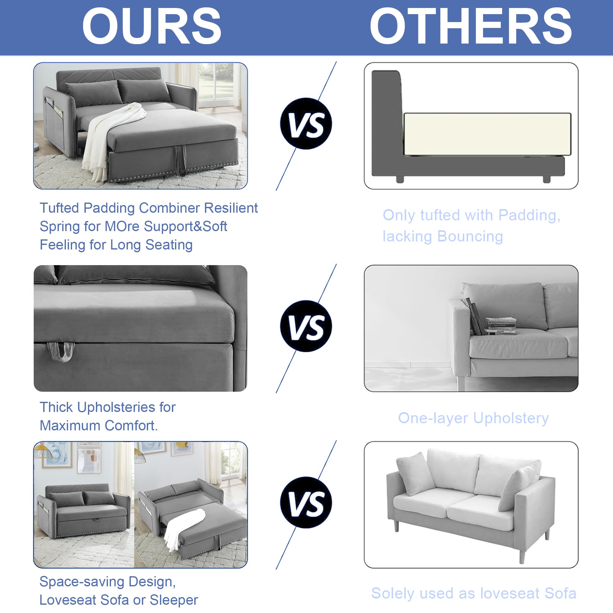 SumKea Loveseat Sleeper Sofa Beds, Pull Out Couch, 55'' Velvet 3 in 1 Sofa Cama Adjustable Back with 2 Pillows & Side Pocket, Ideal for Living Room and Bedroom, Grey