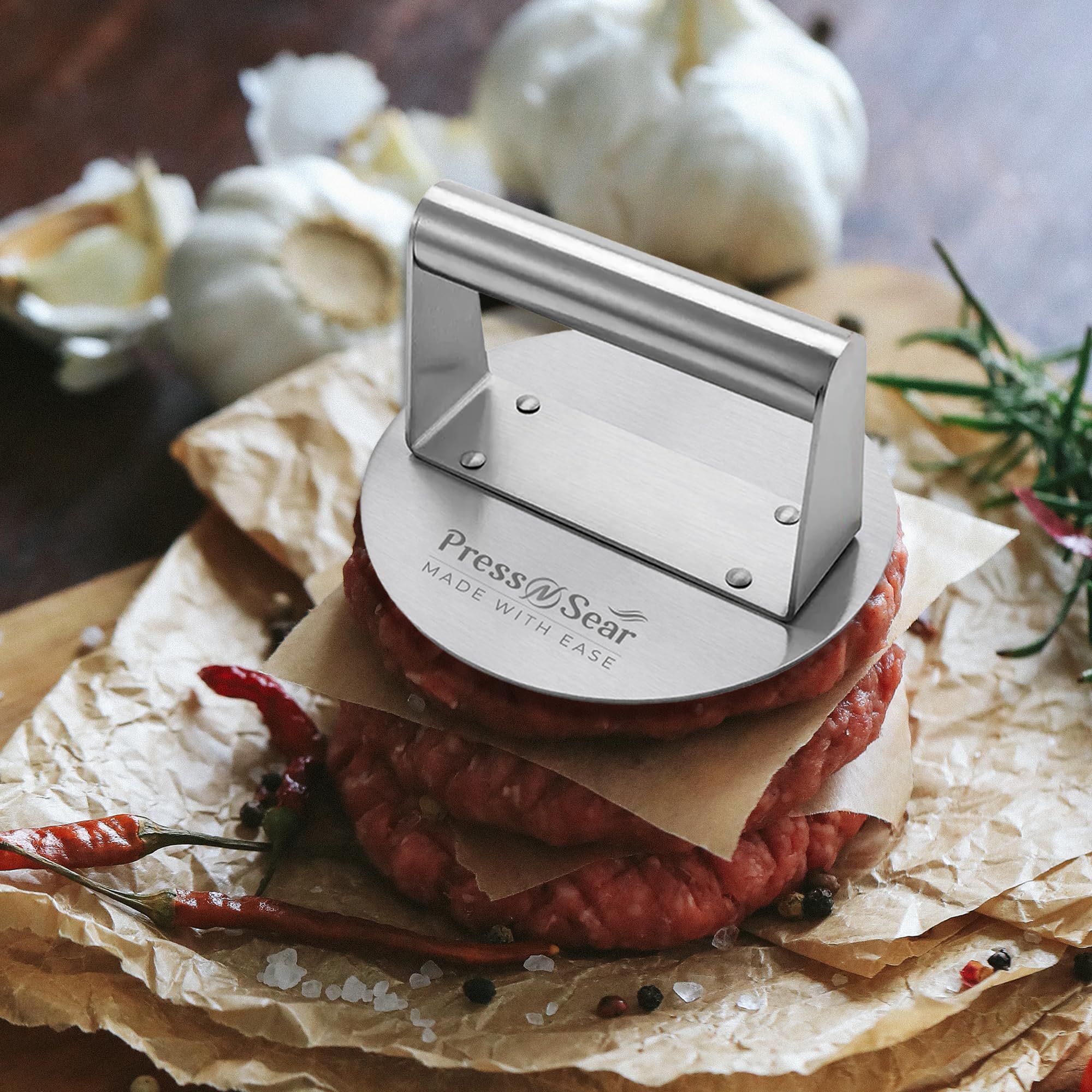 Press N Sear 6.2 Inch Heavy Duty Stainless Steel Smash Burger Press - Round Burger Smasher for Flat Top Grill, Professional Griddle Accessories Kit, Rust-Free and Easy to Clean.