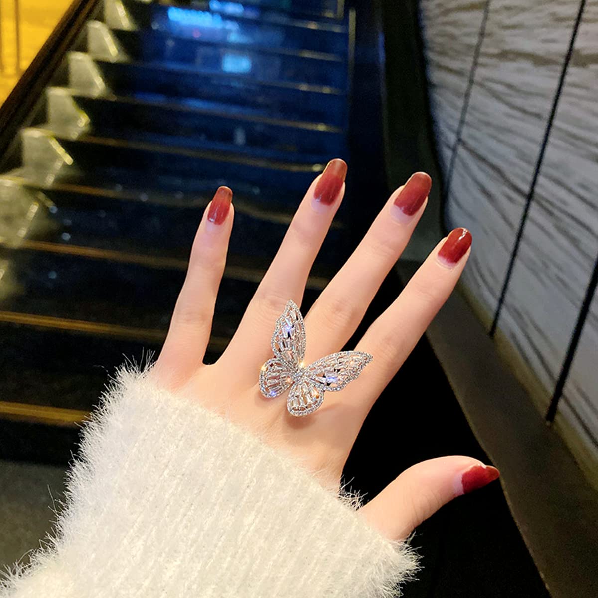 Leprato Sparkling Butterfly Ring Cubic Zirconia Bow-Knot Knuckle Ring Adjustable Open Statement Butterfly Ring Wedding Jewelry for Women