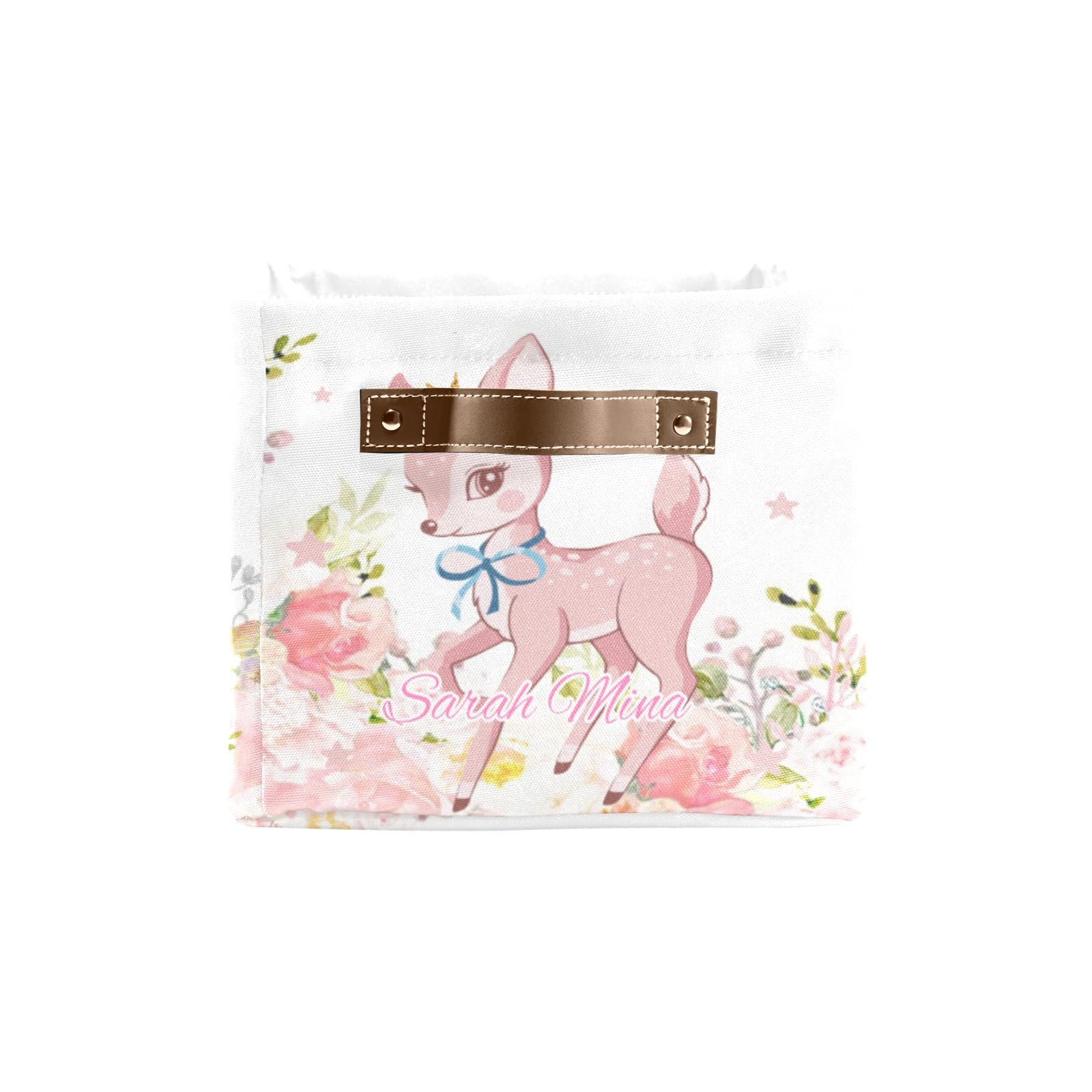 Pink Bambi Deer Custom Storage Basket,Personalized Storage Bins Cubes Organizer with Handle for Bedroom Wardrobe,Nursery,Basket 1 Pack